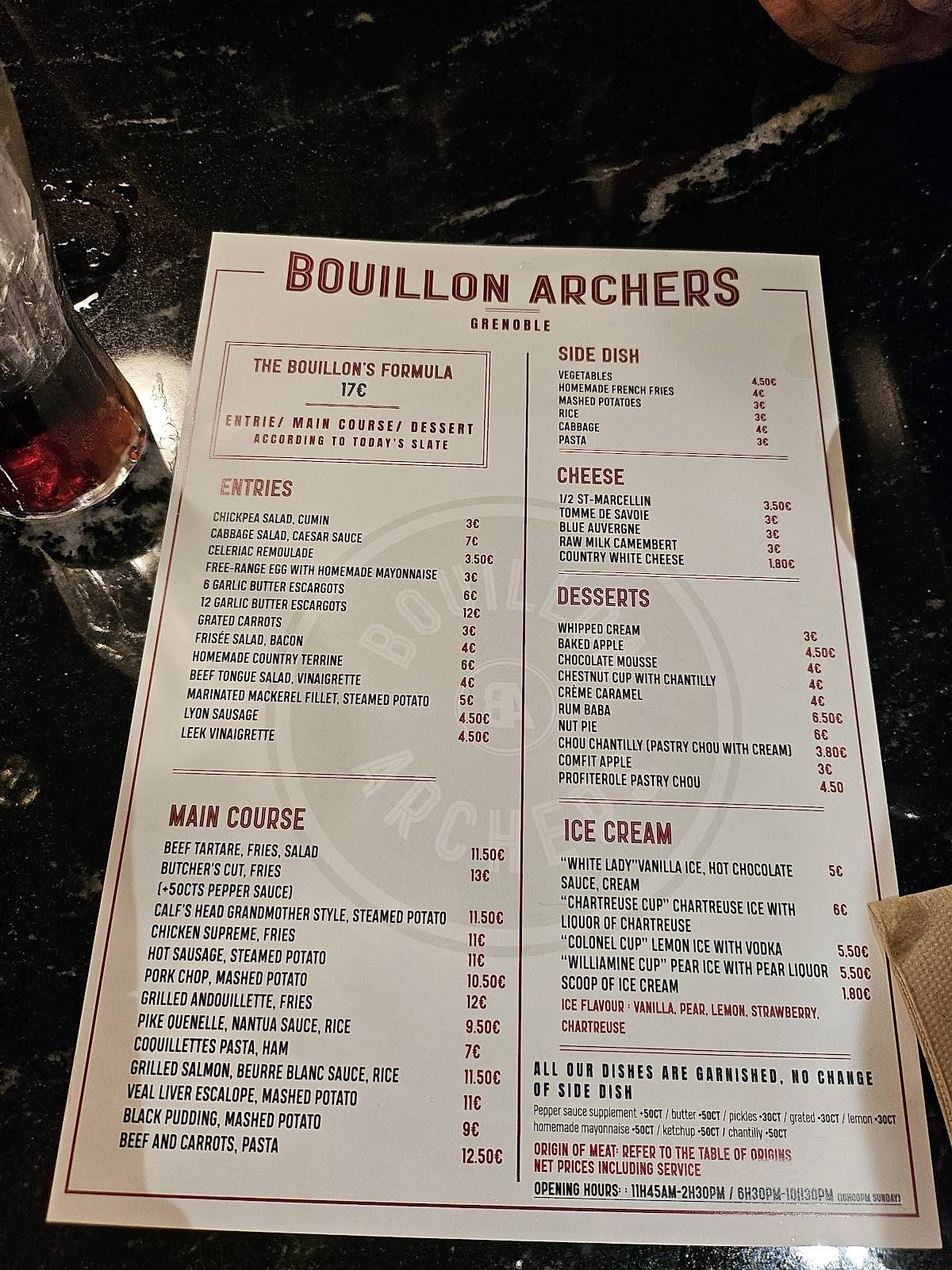 Carta del restaurante Bouillon Archers, Grenoble
