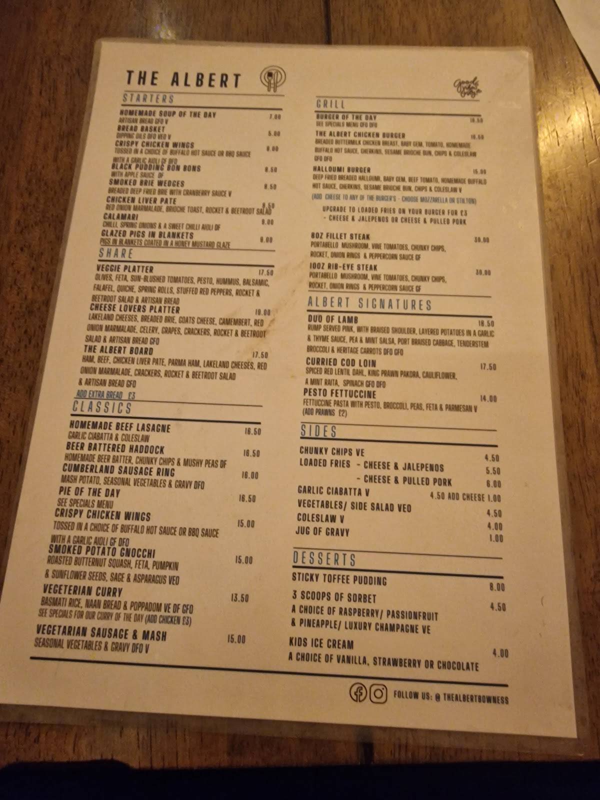 Menu at The Albert pub & bar, Bowness-on-Windermere