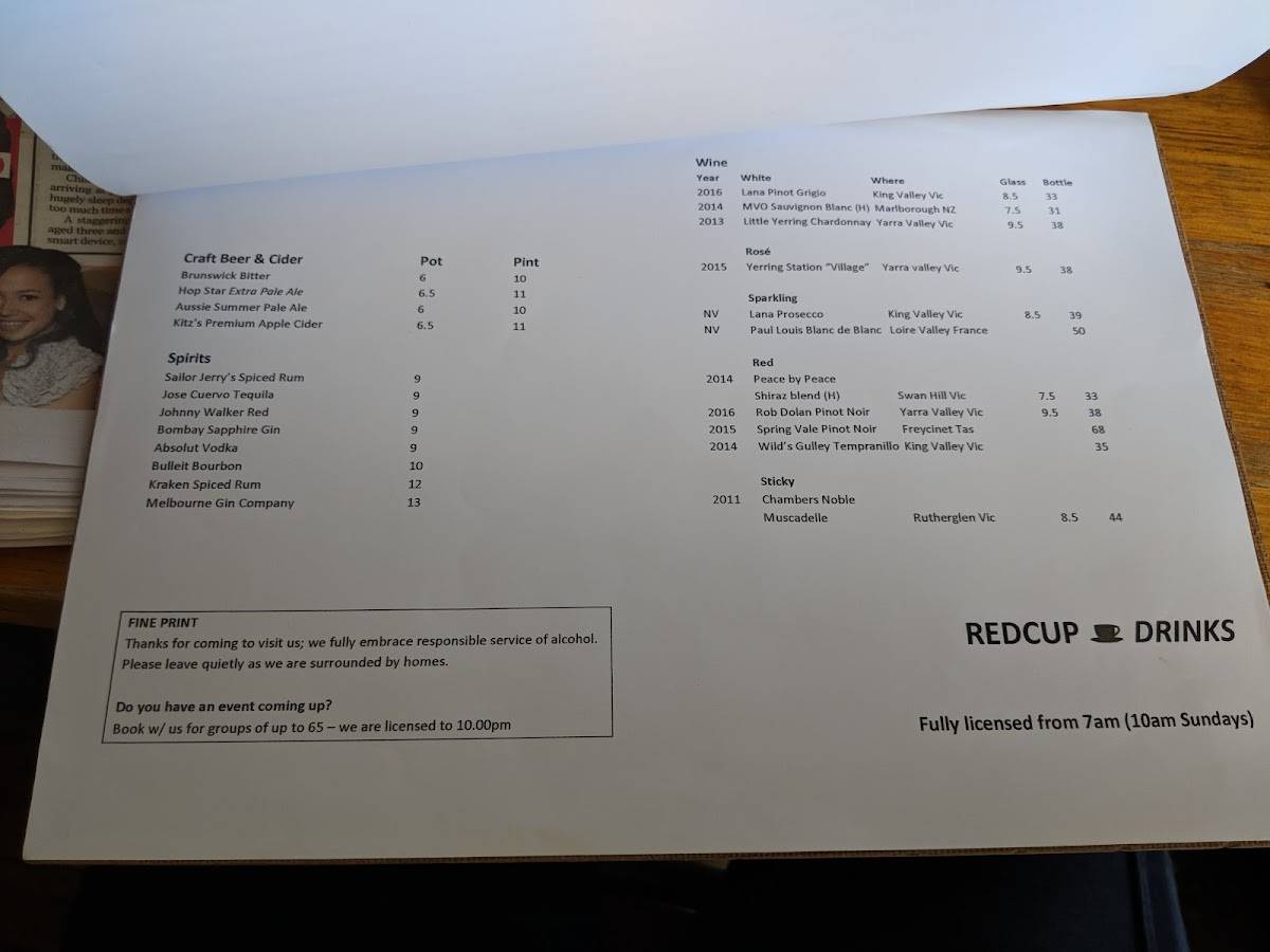 Menu at Red Cup Cafe, Box Hill