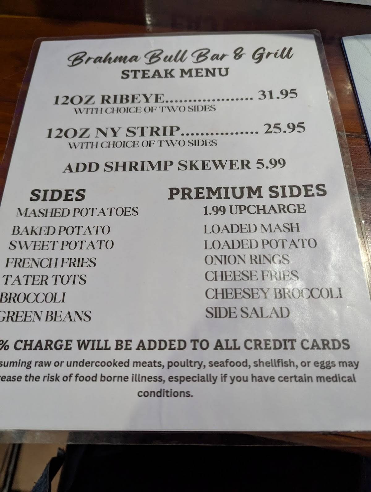 Menu at Brahma Bull pub & bar, Okeechobee, US-441