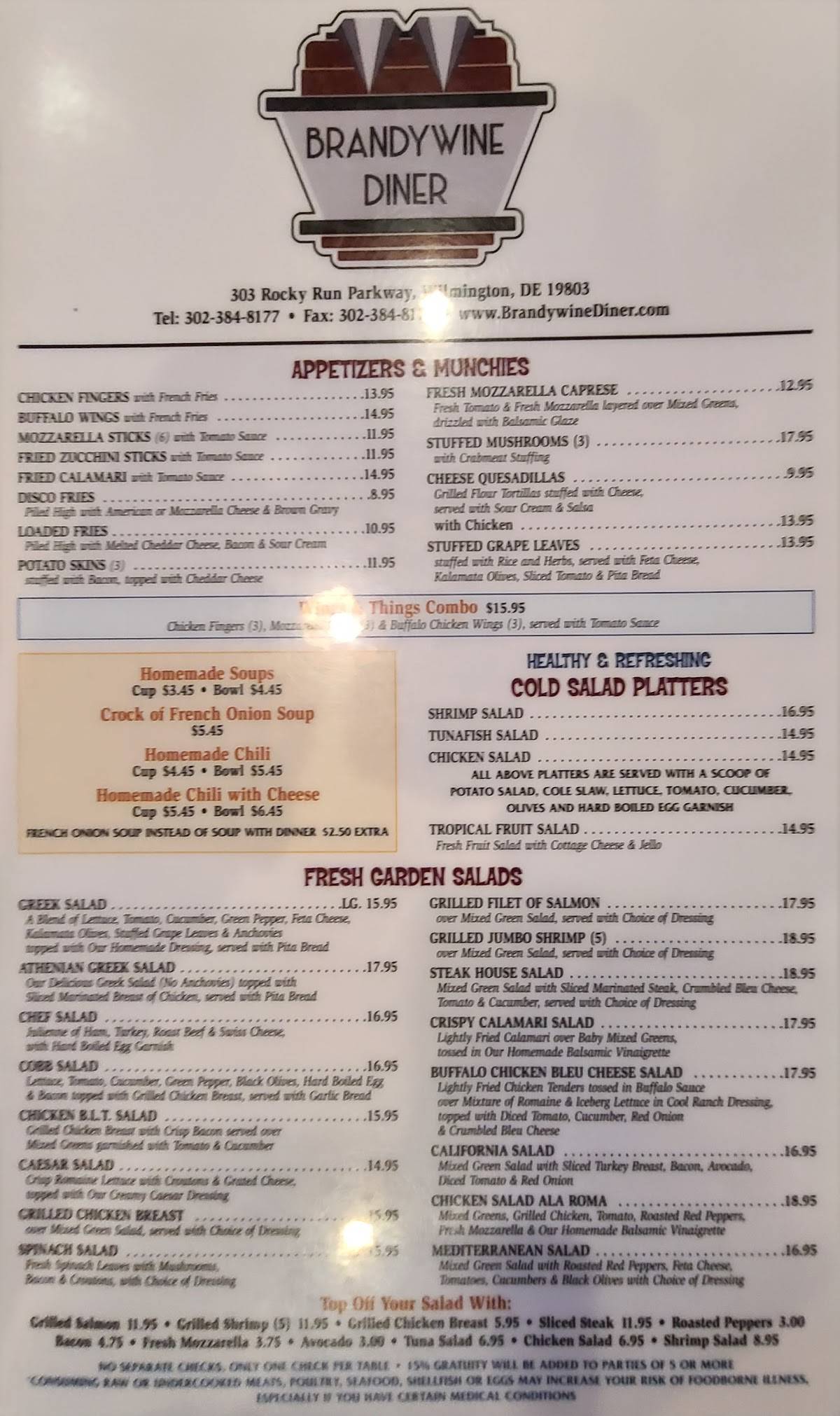 Menu at Brandywine Diner restaurant, Wilmington