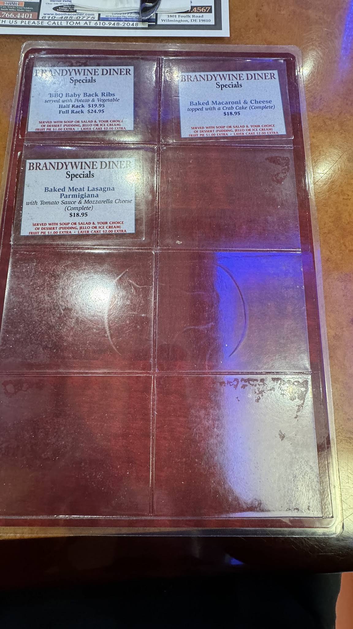 Menu at Brandywine Diner restaurant, Wilmington