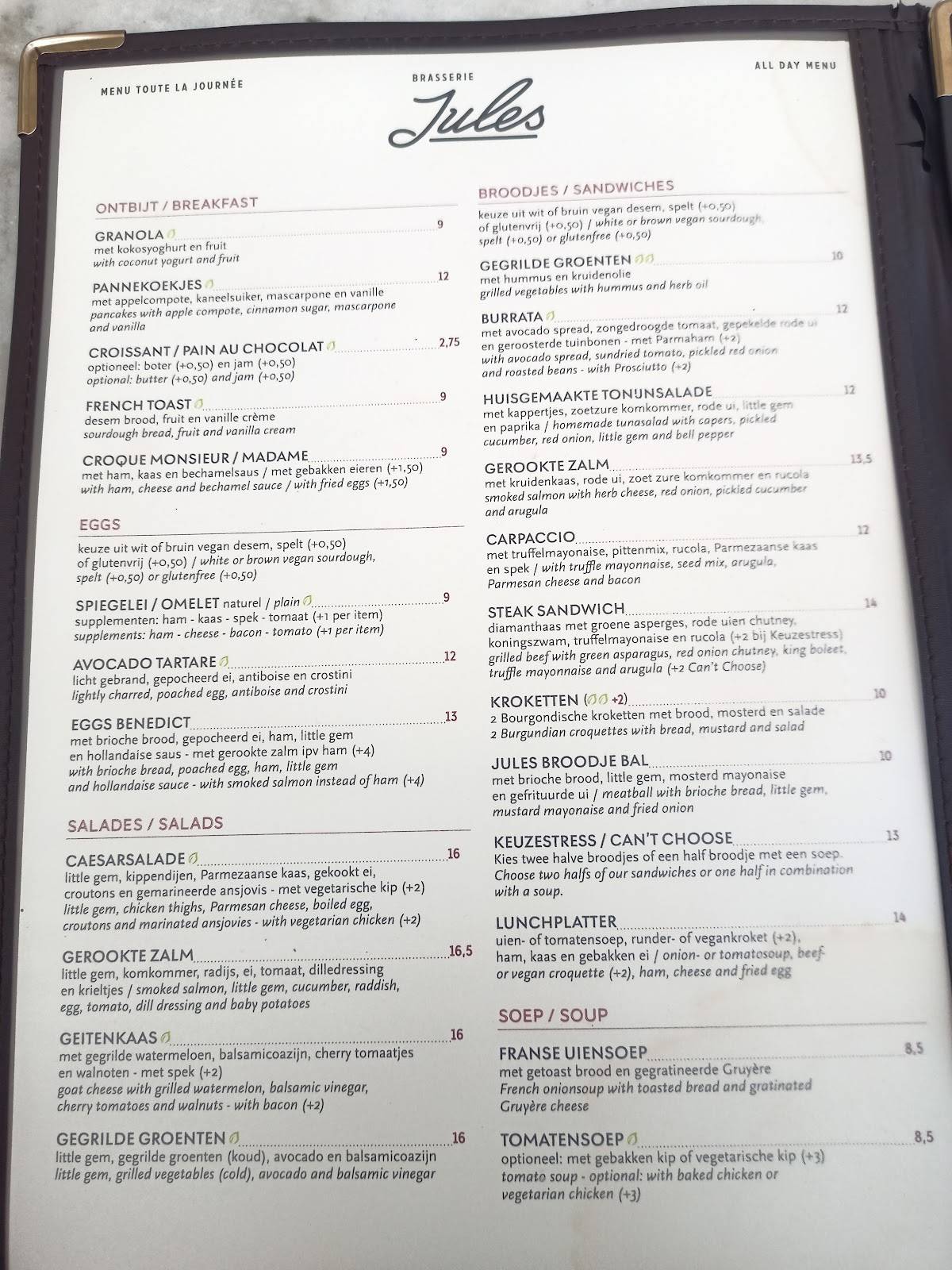 Menu at Brasserie Jules, Rotterdam