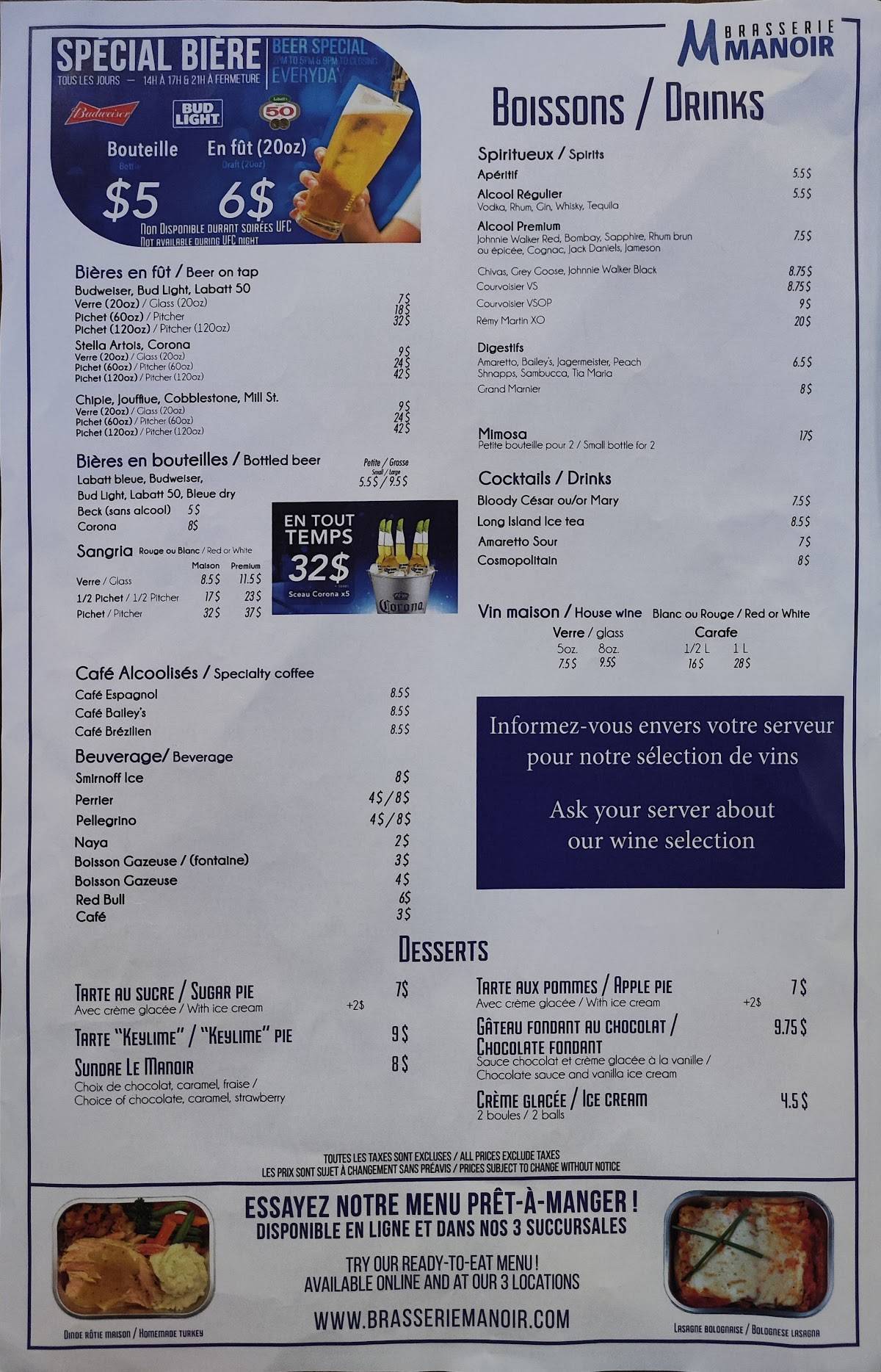 Menu au Brasserie Le Manoir Pointe-Claire pub et bar, Pointe-Claire ...