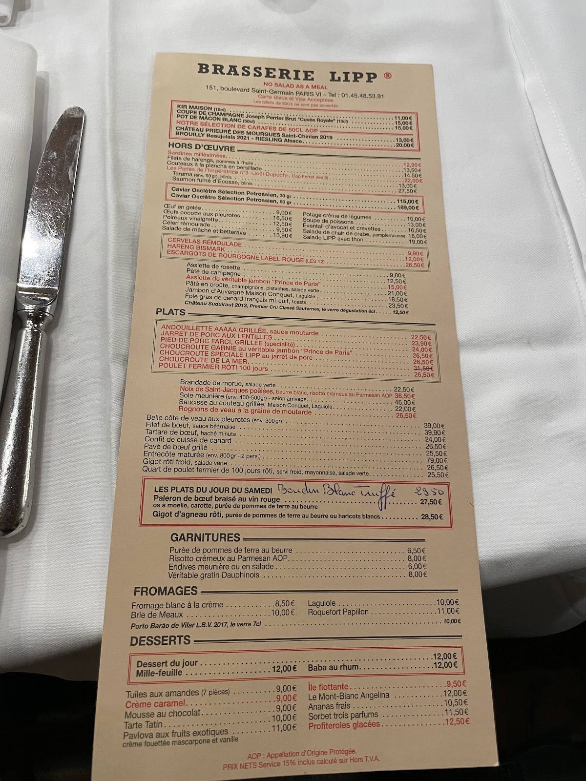 Menu au Brasserie Lipp restaurant, Paris, 151 Boulevard Saint Germain