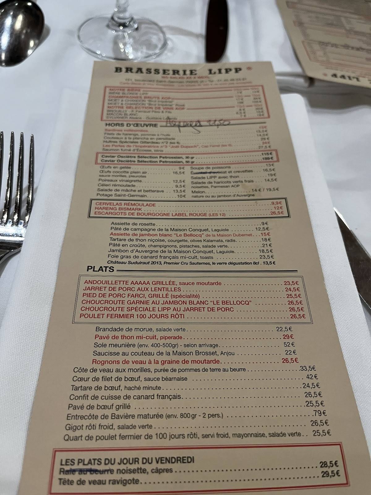 Menu au Brasserie Lipp restaurant, Paris, 151 Bd Saint-Germain