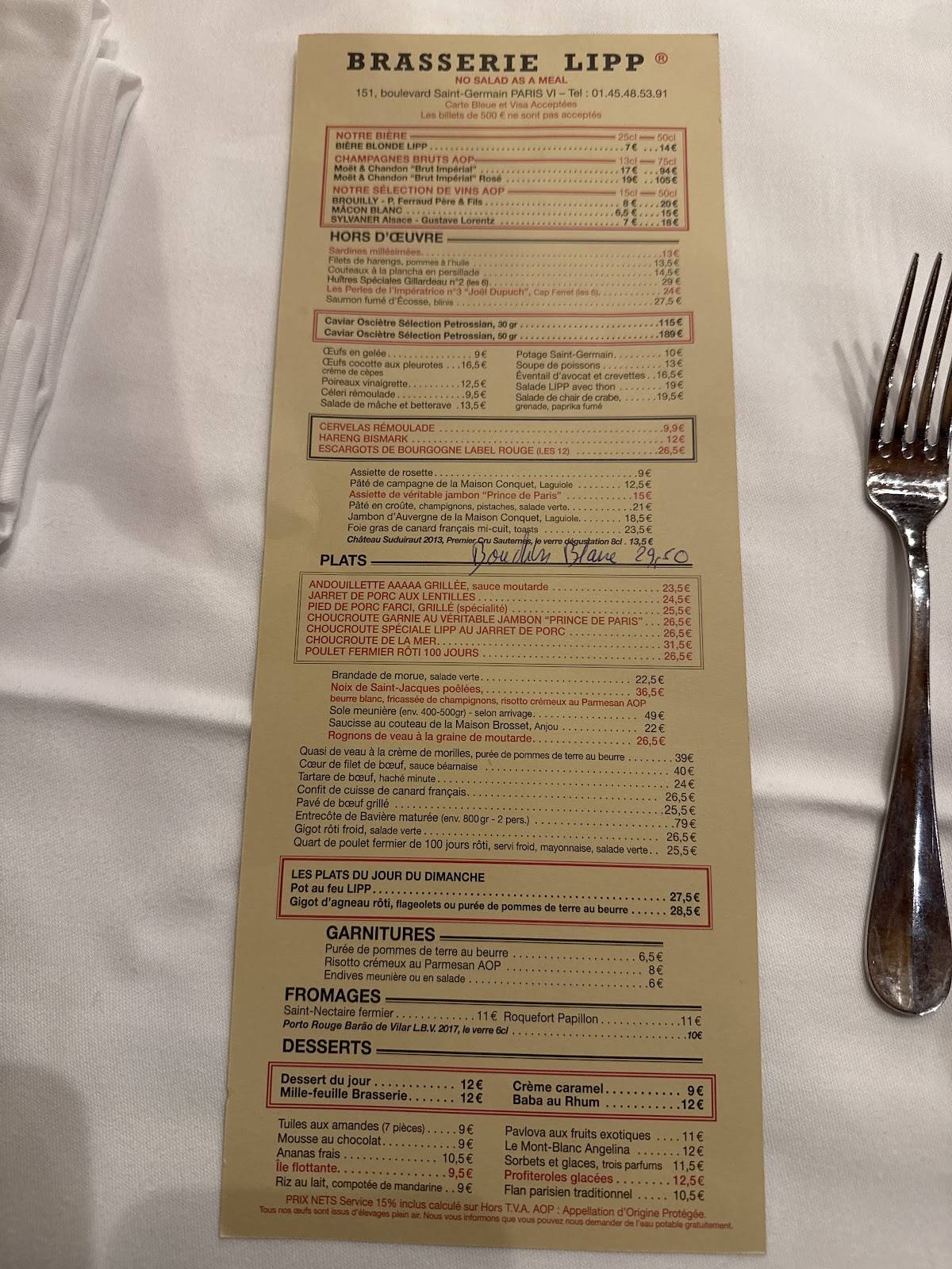 Menu au Brasserie Lipp restaurant, Paris, 151 Bd Saint-Germain