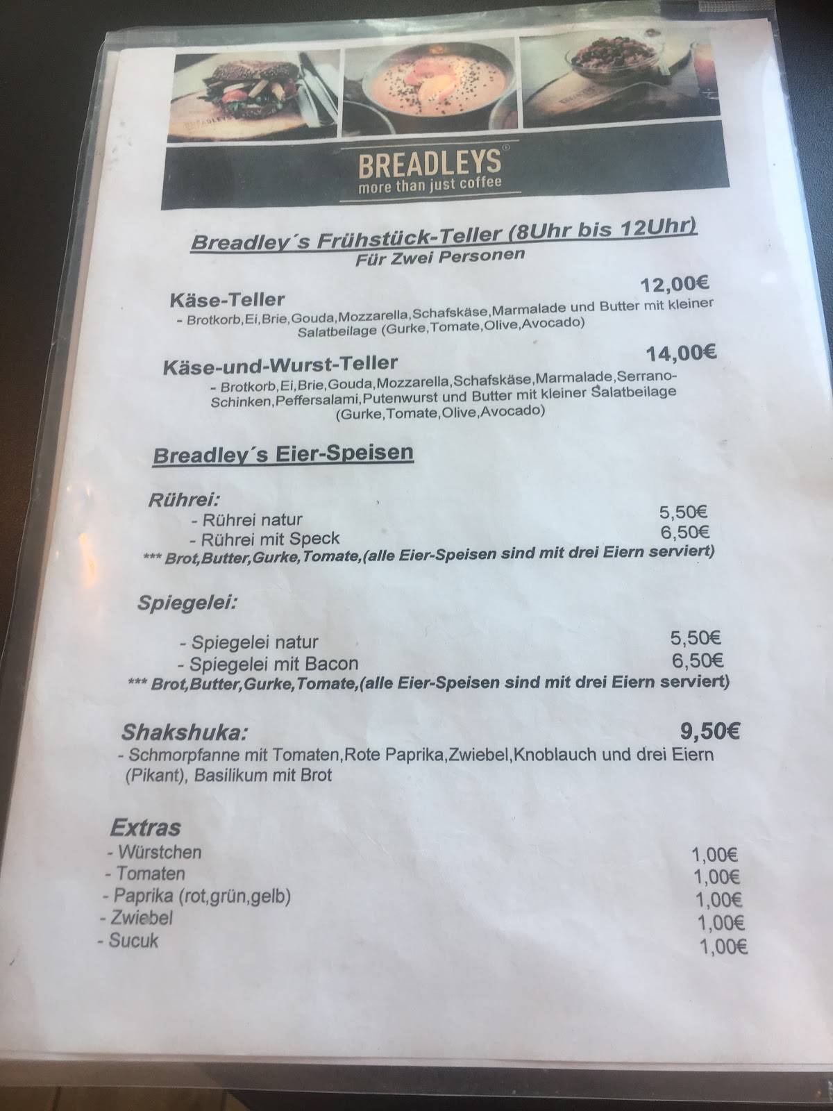 Menu at Breadleys cafe, Berlin, Clayallee 225