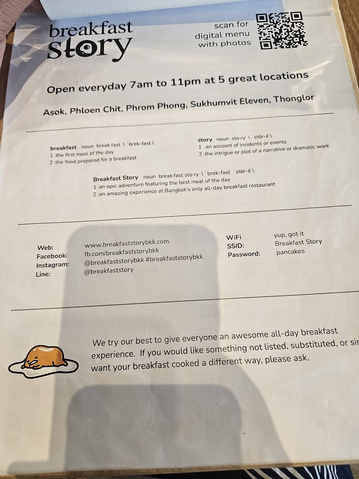 Menu at Breakfast Story Thonglor restaurant, Bangkok
