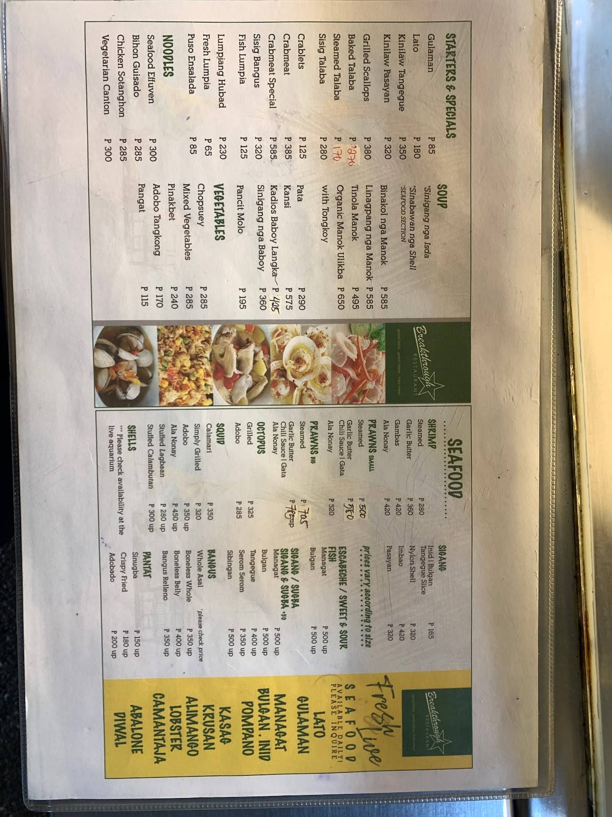 Menu at Breakthrough Restaurant, Iloilo City, MGH8+WWQ