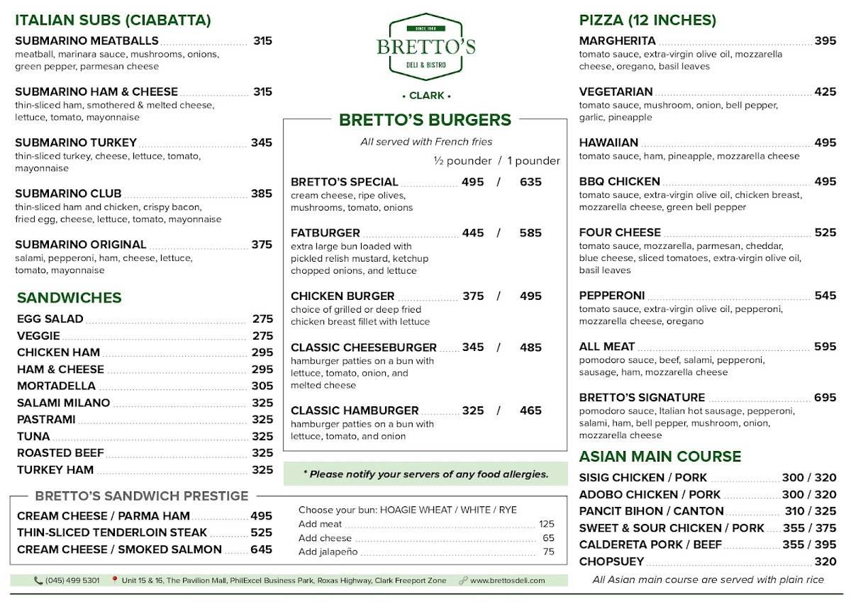 Menu at Bretto's Deli & Bistro - Clark Branch restaurant, Mabalacat ...
