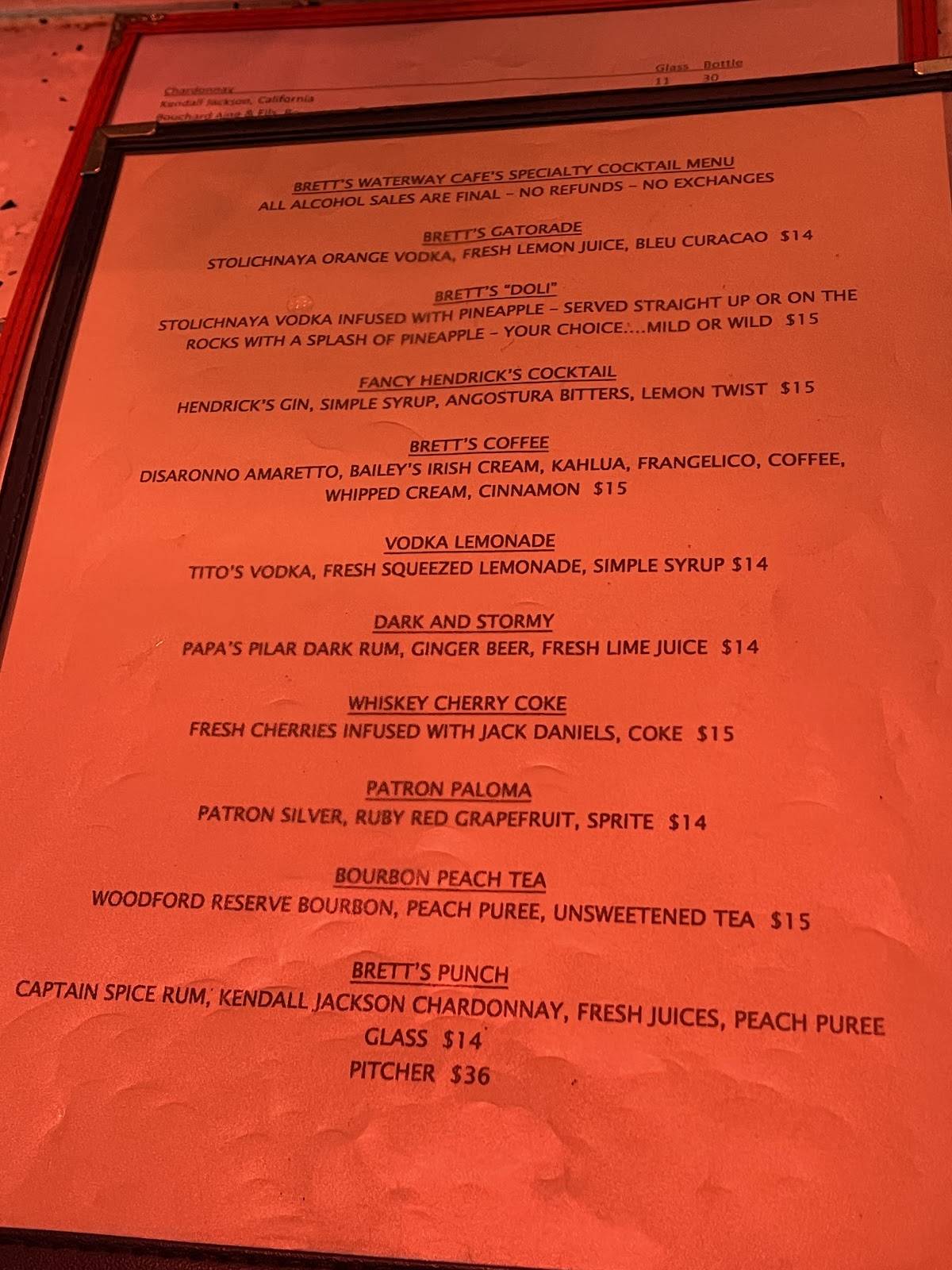 Menu at Brett's Waterway Cafe, Fernandina Beach