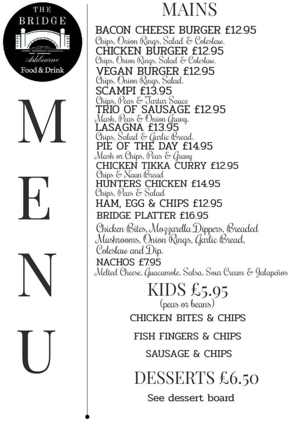 Menu at Bridge pub & bar, Ashbourne