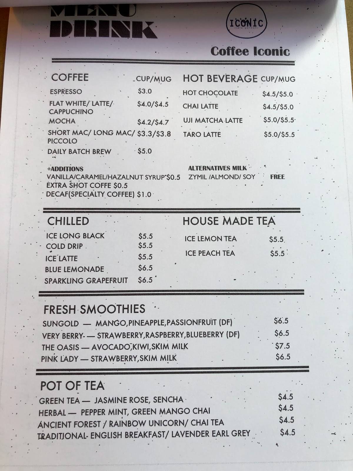 Menu at Coffee Iconic cafe, Brisbane City