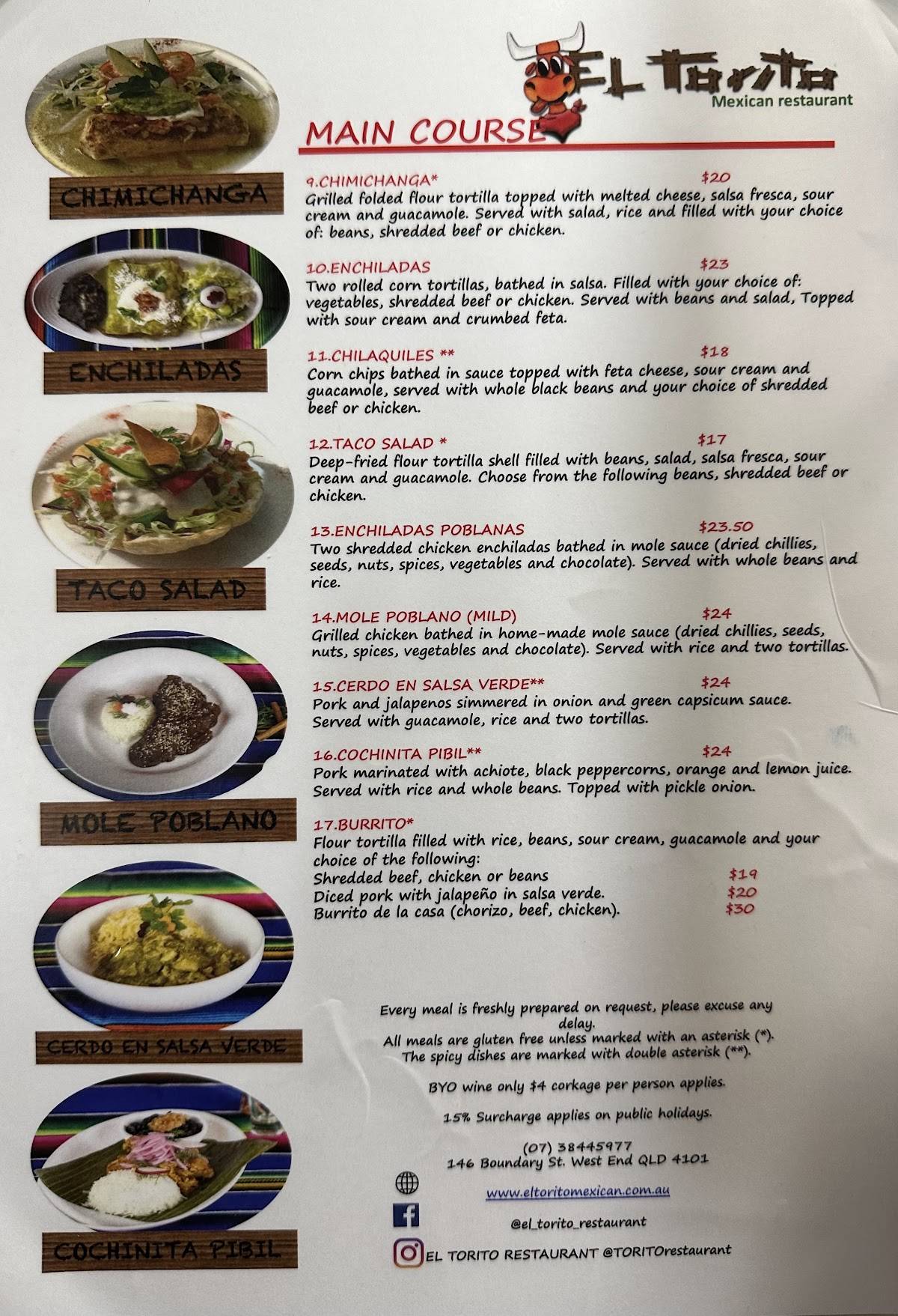 Menu at El Torito Mexican Restaurant, West End