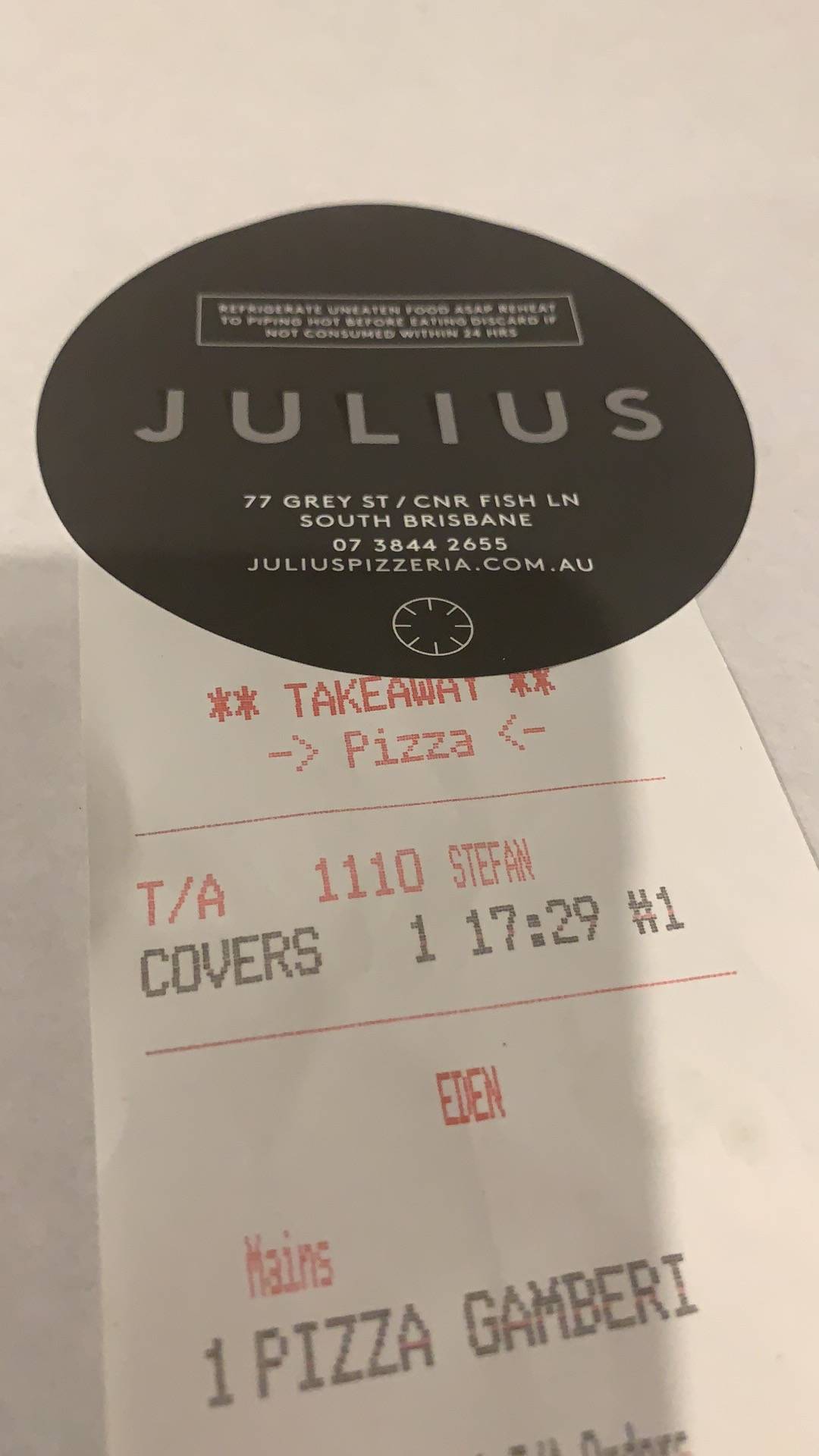 Menu at Julius Pizzeria, South Brisbane