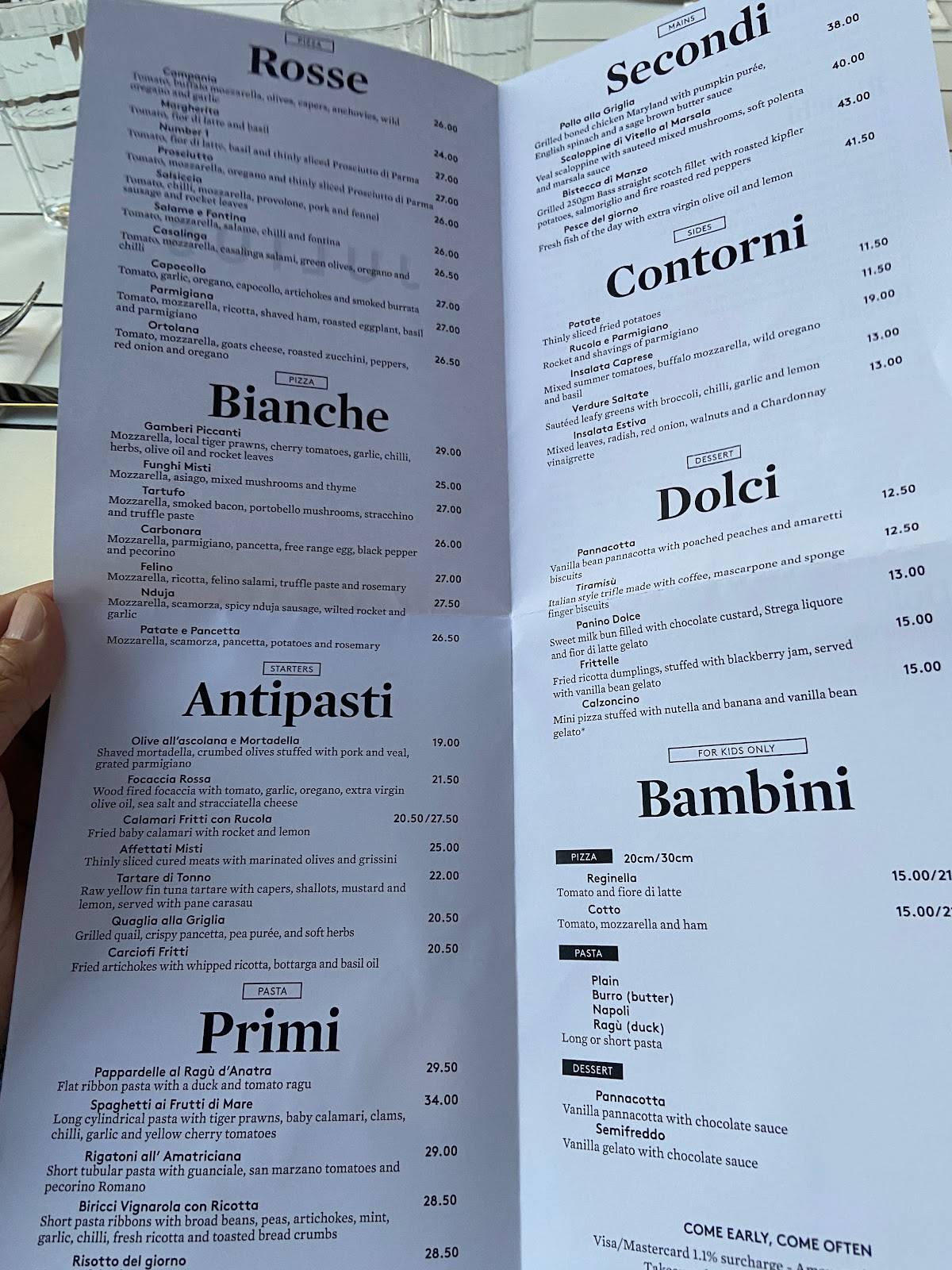 Menu at Julius Pizzeria, South Brisbane