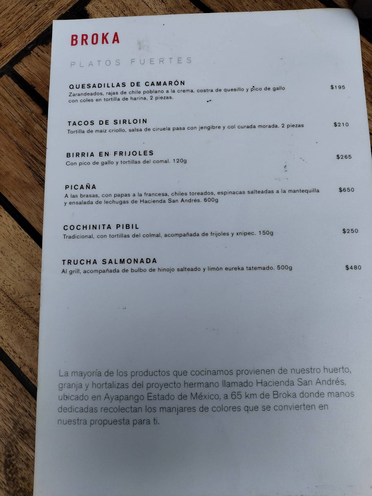 Carta del restaurante Broka, Ciudad López Mateos