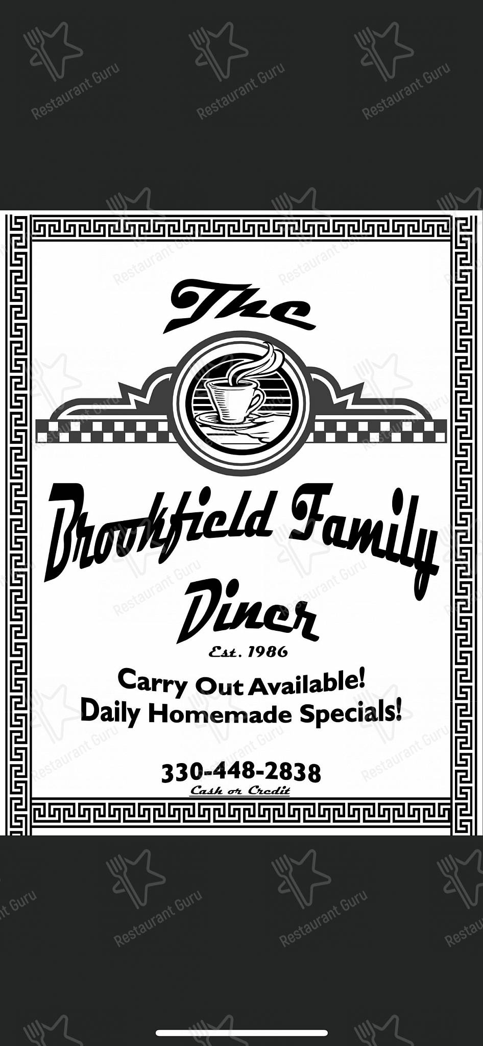 Menu at Brookfield Family Diner restaurant, Brookfield Center