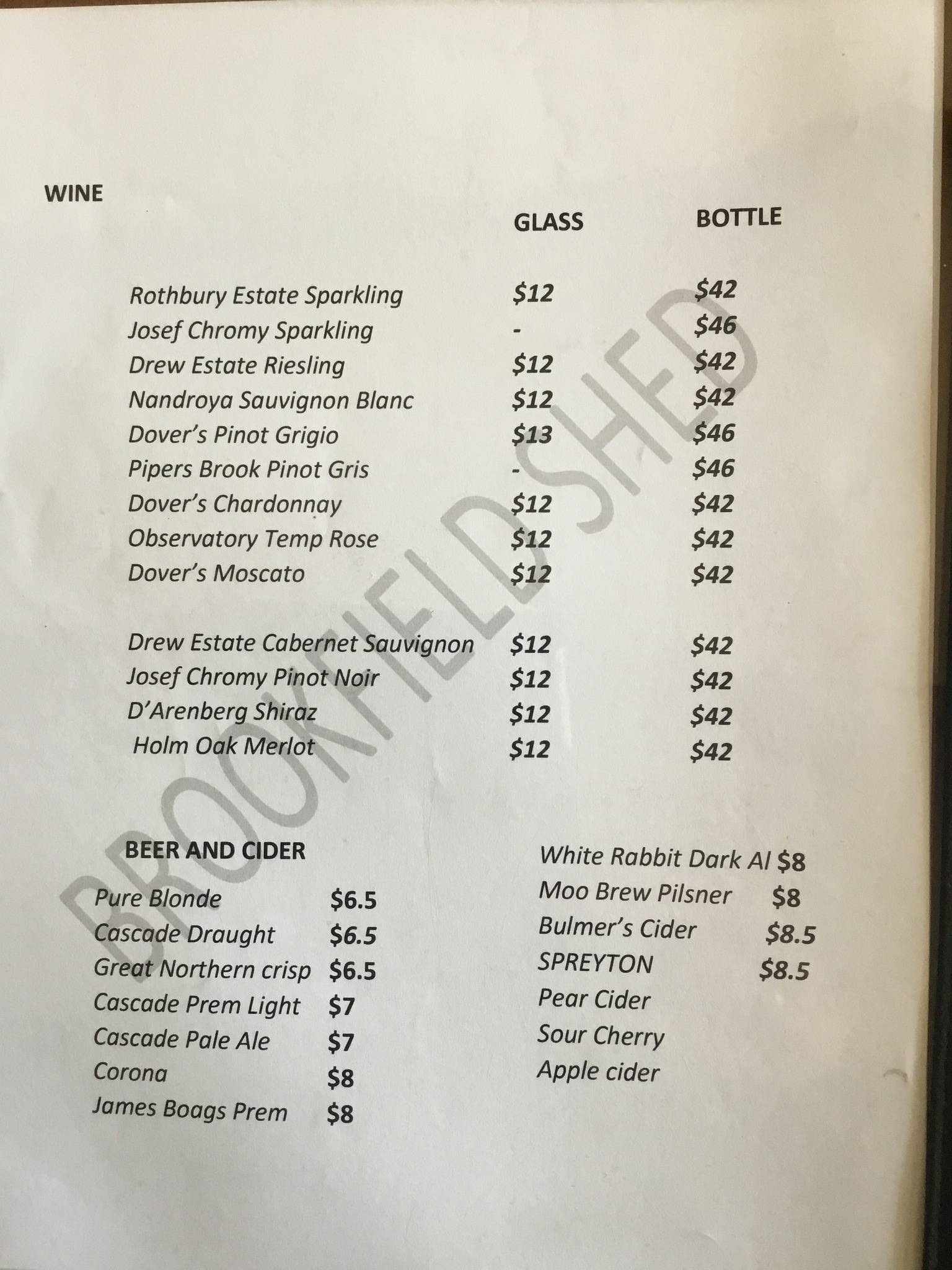 Menu at Brookfield Margate restaurant, Margate