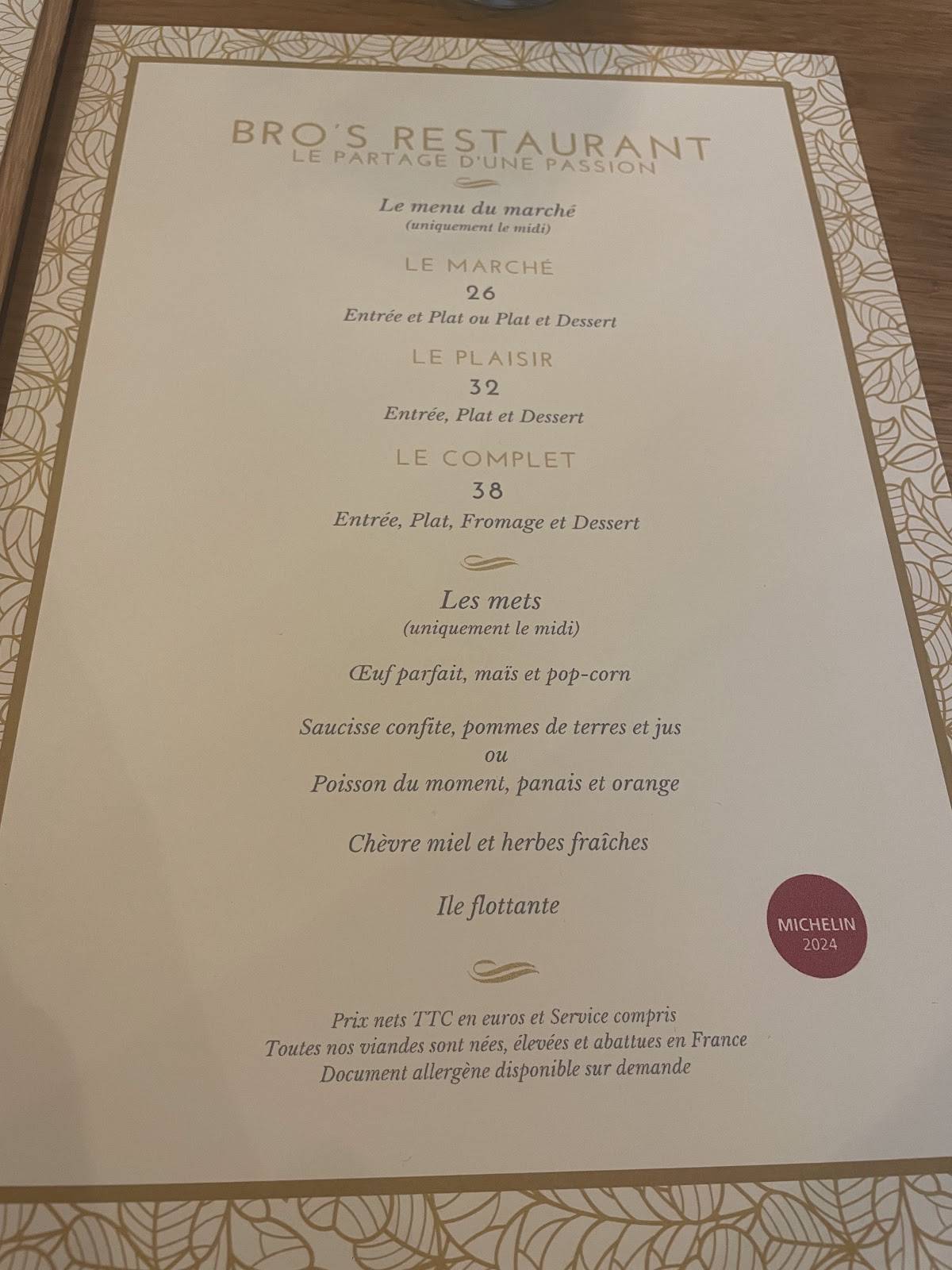 Menu au Bro's Restaurant, Blois
