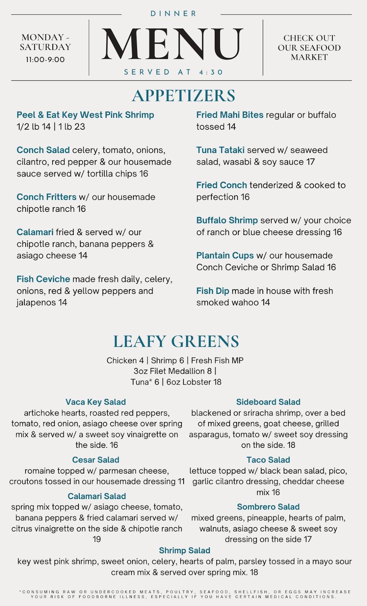 Menu at Brutus Land and Sea restaurant, Marathon