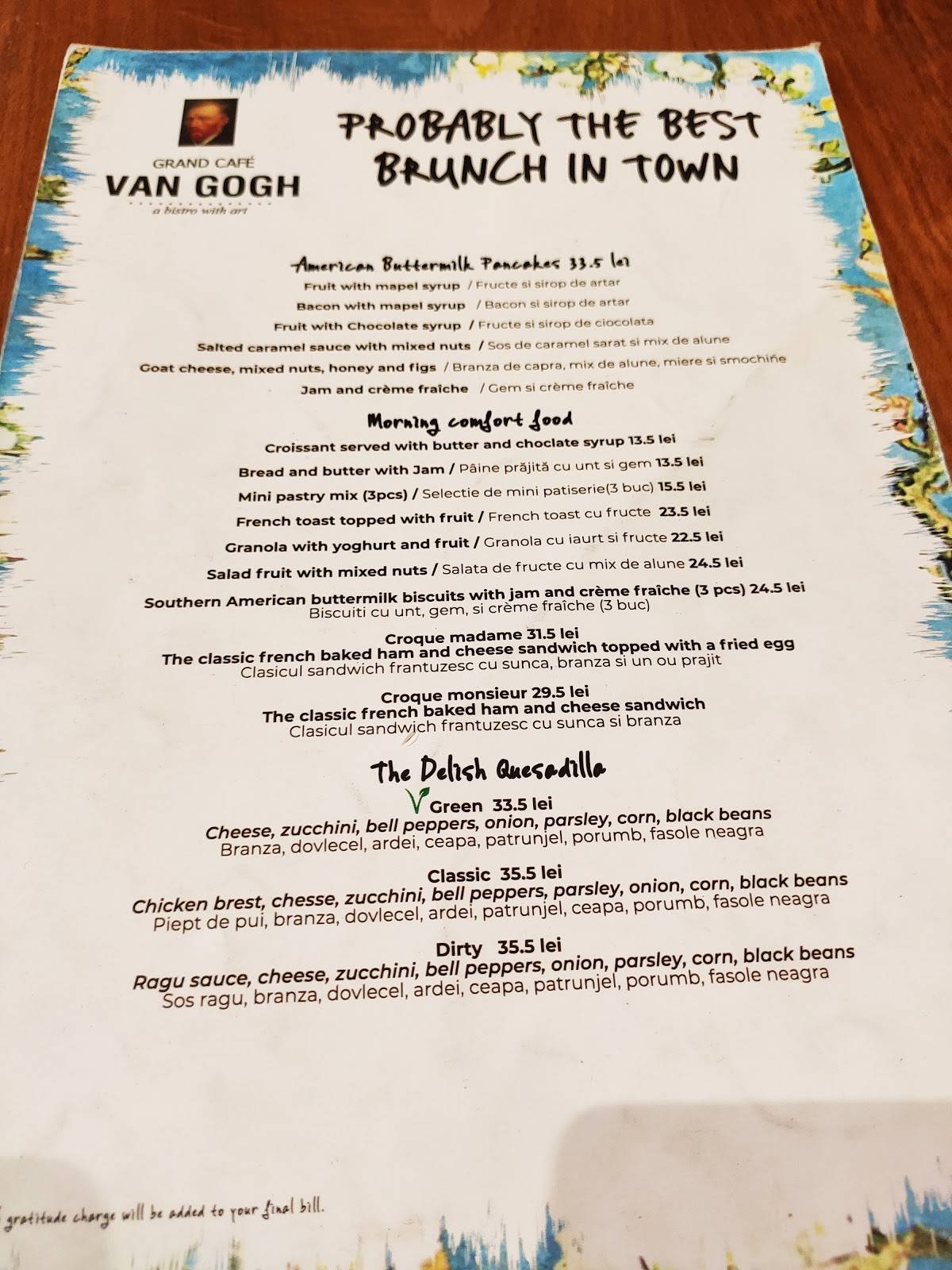 Menu at Grand Café Van Gogh, Bucharest