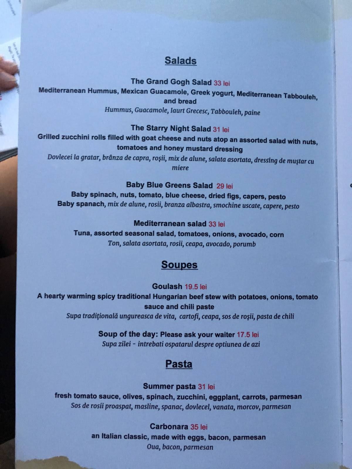 Menu at Grand Café Van Gogh, Bucharest