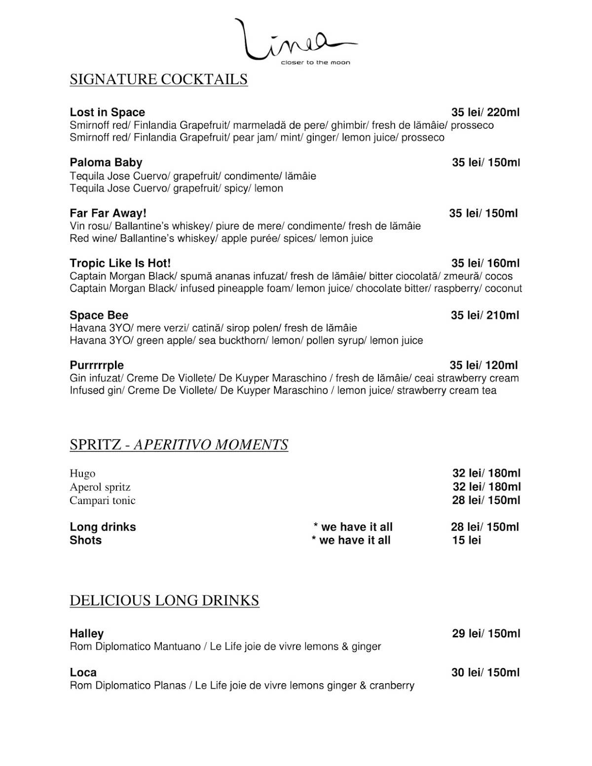 Menu at Linea / Closer To The Moon, Bucharest
