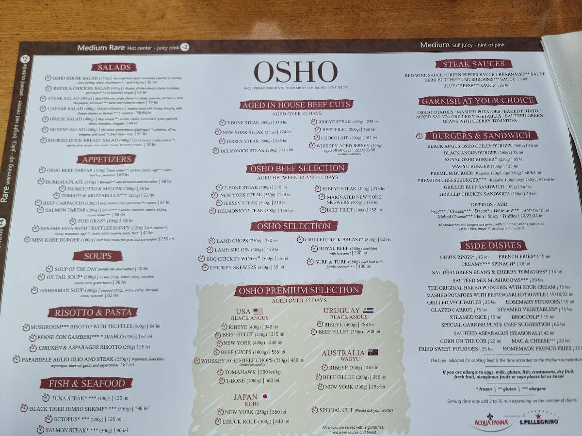 Menu at Osho, Bucharest