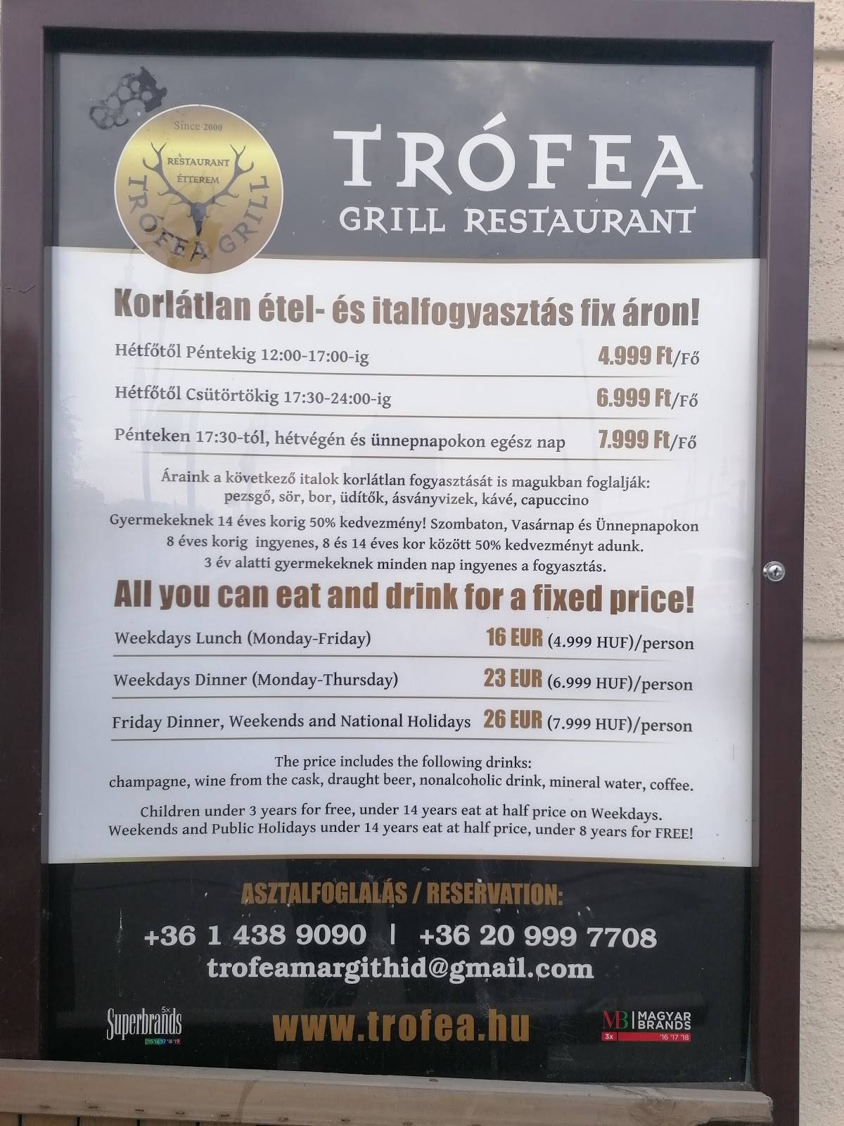 Menu at Trófea Grill restaurant, Budapest, Margit körút 2