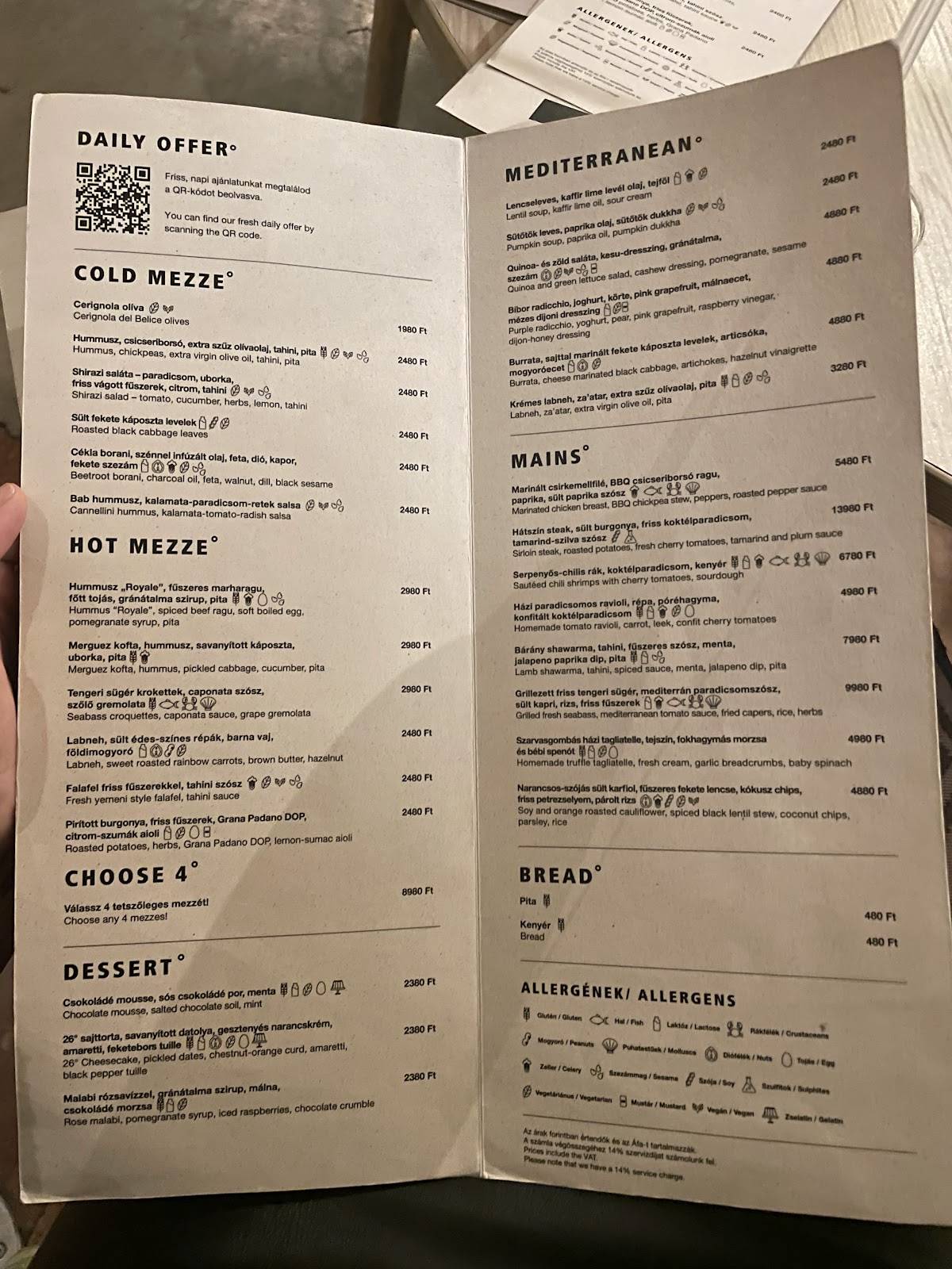 Menu at Twentysix Budapest restaurant, Budapest