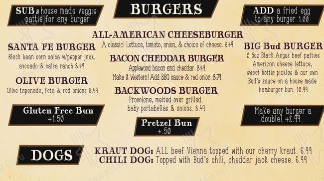 Menu at Bud's restaurant, Interlochen