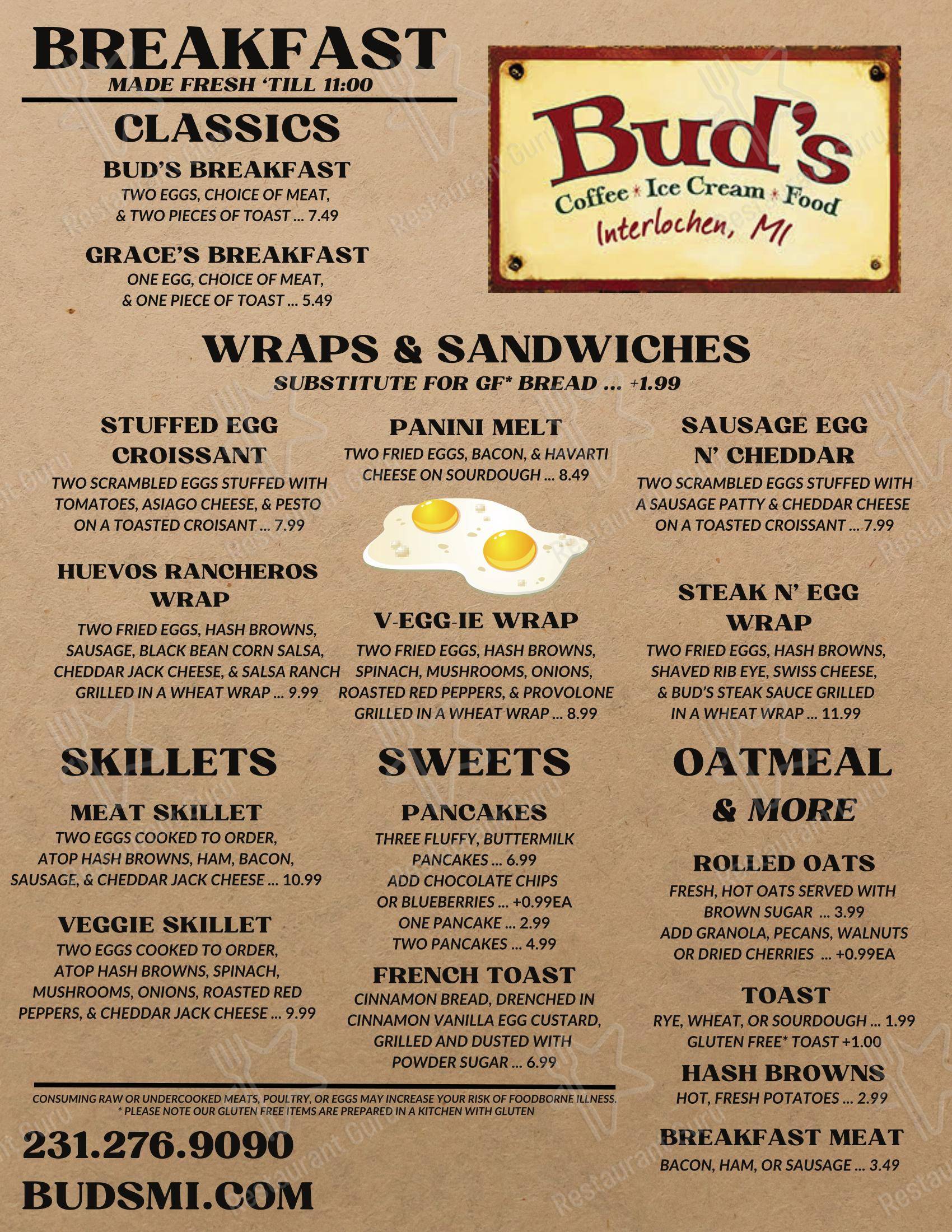 Menu at Bud's restaurant, Interlochen