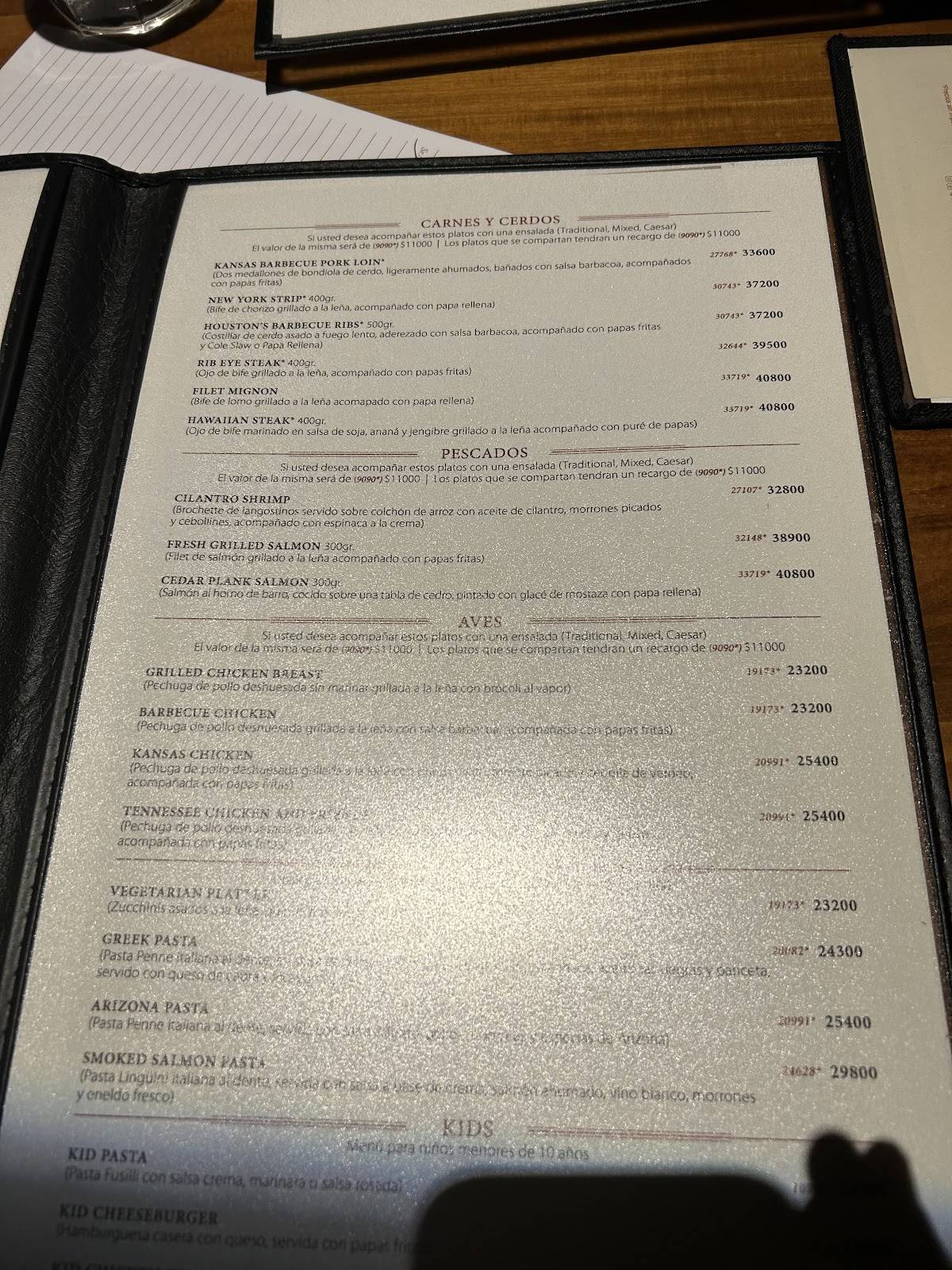 Carta del restaurante Kansas, Buenos Aires, Av. del Libertador 4625