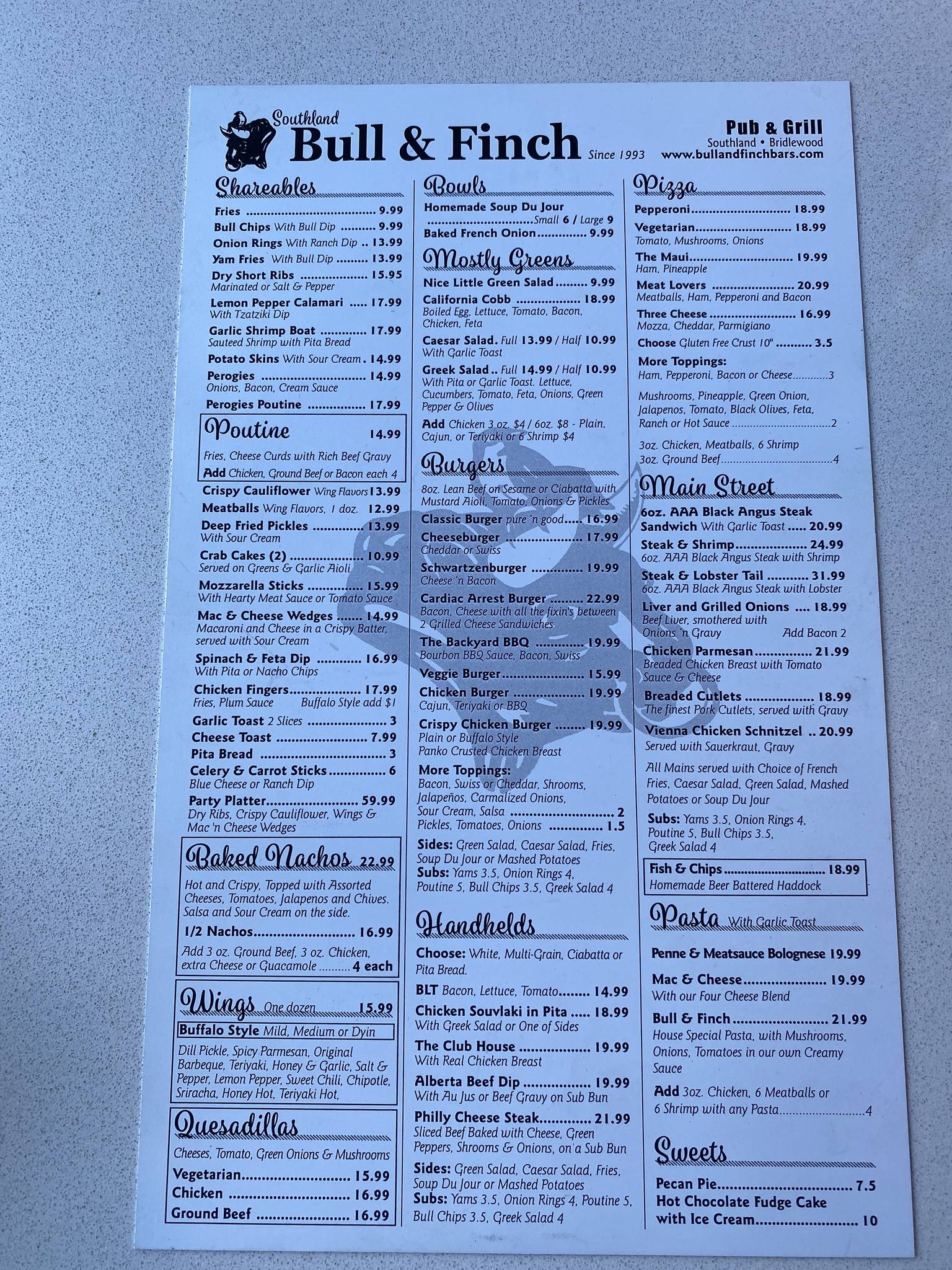 Menu at Bull and Finch Southland pub & bar, Calgary, Elbow Dr SW