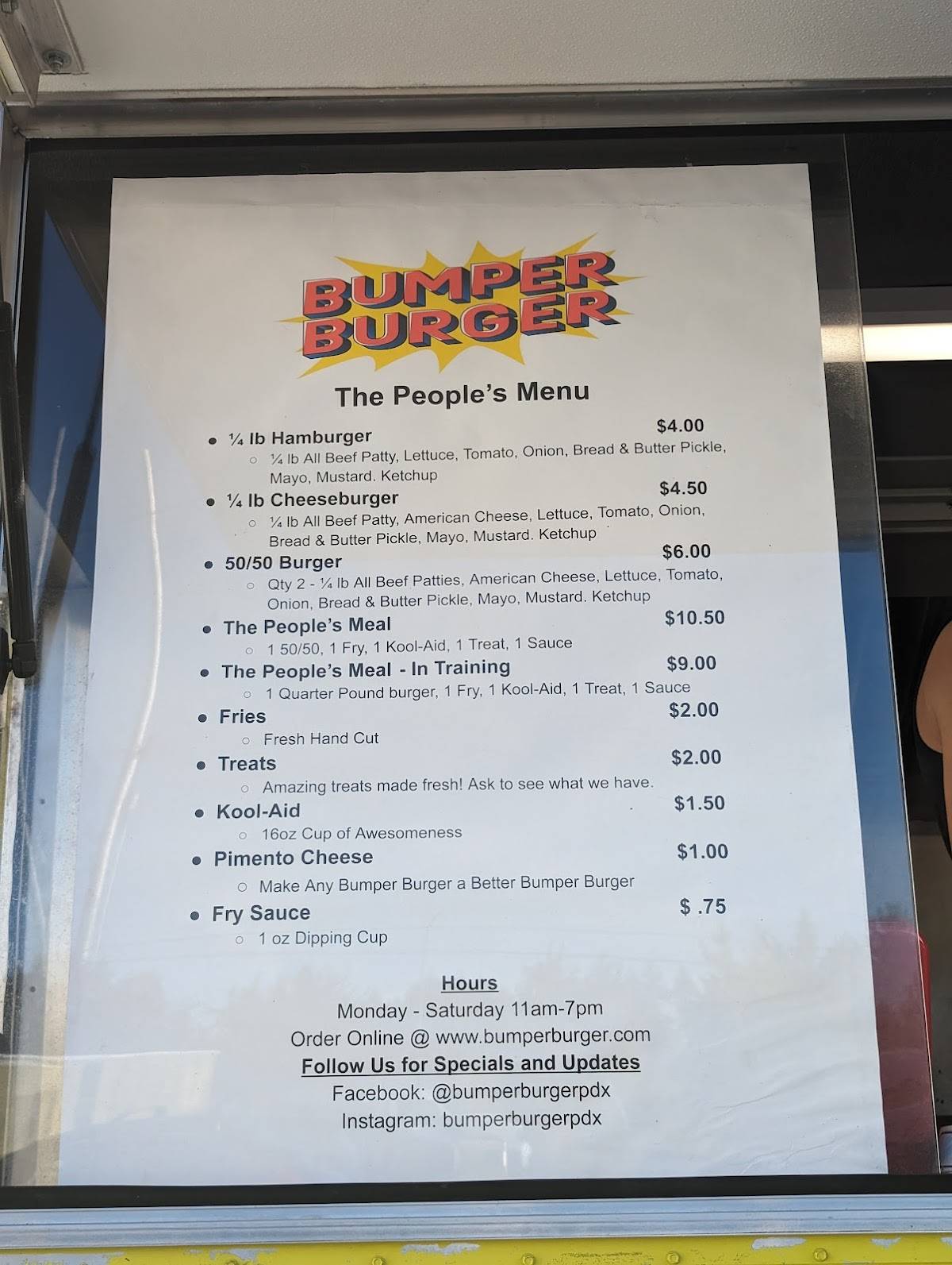 Menu at Bumper Burger restaurant, Beaverton