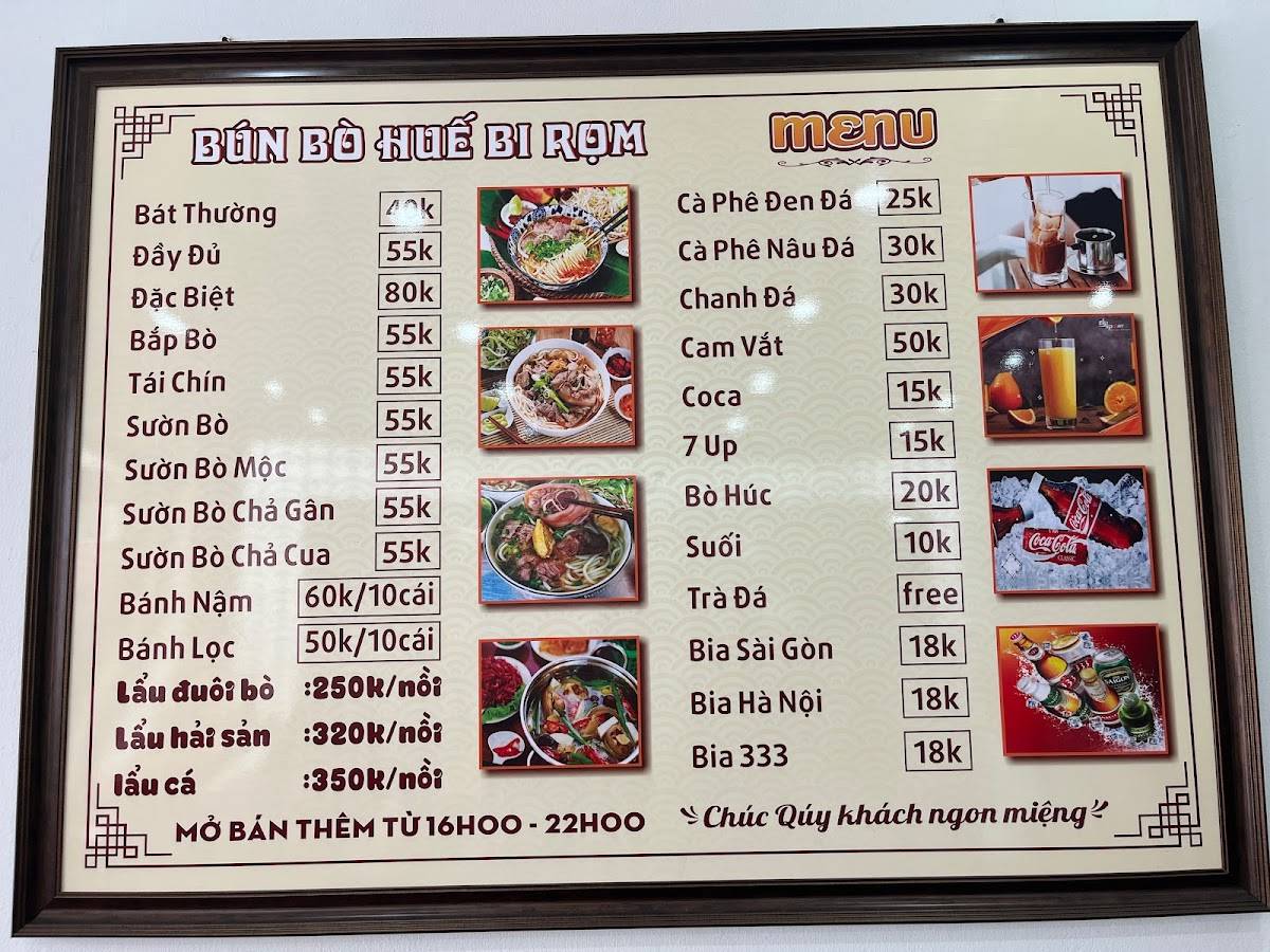 Menu at Bun Bo Hue Bi Rom restaurant, Hanoi, 217 P.Tôn Đức Thắng