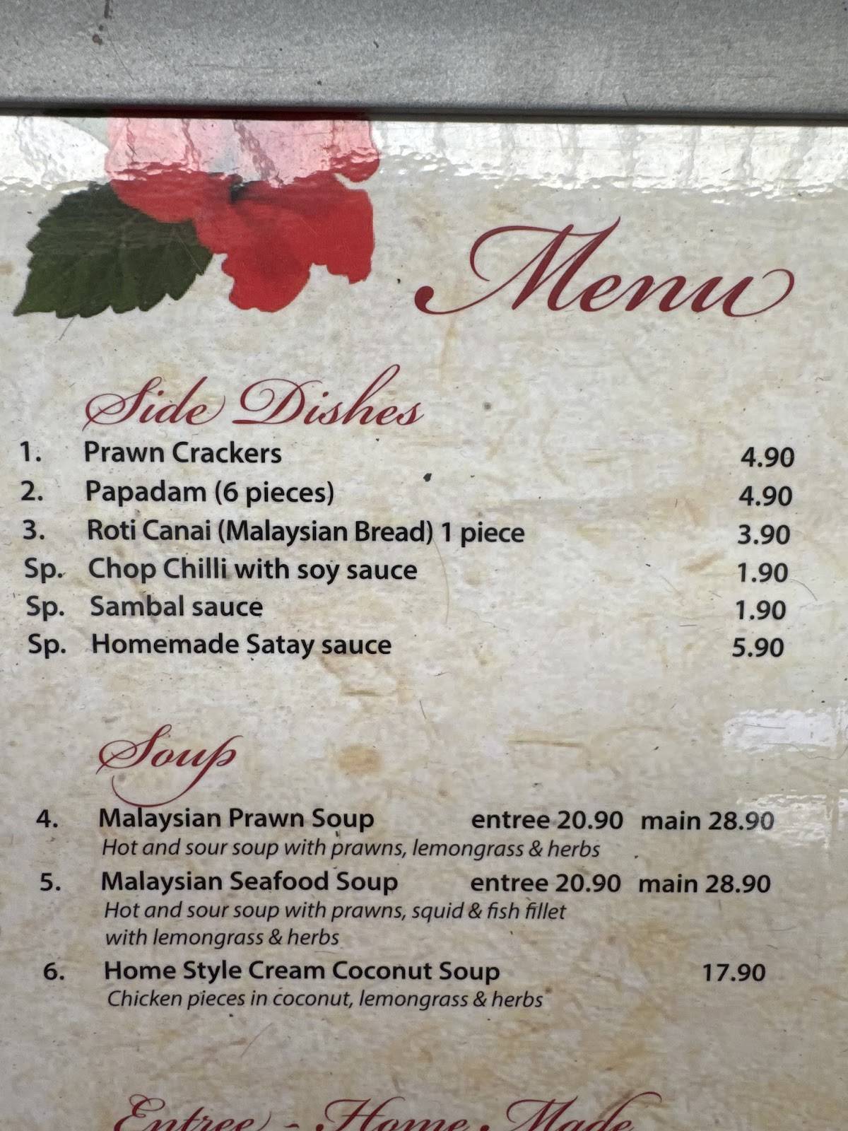 Menu at BungaRaya Satay House Malaysian Restaurant, Merimbula