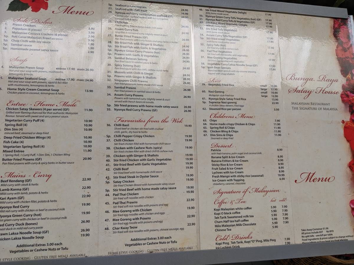 Menu at BungaRaya Satay House Malaysian Restaurant, Merimbula