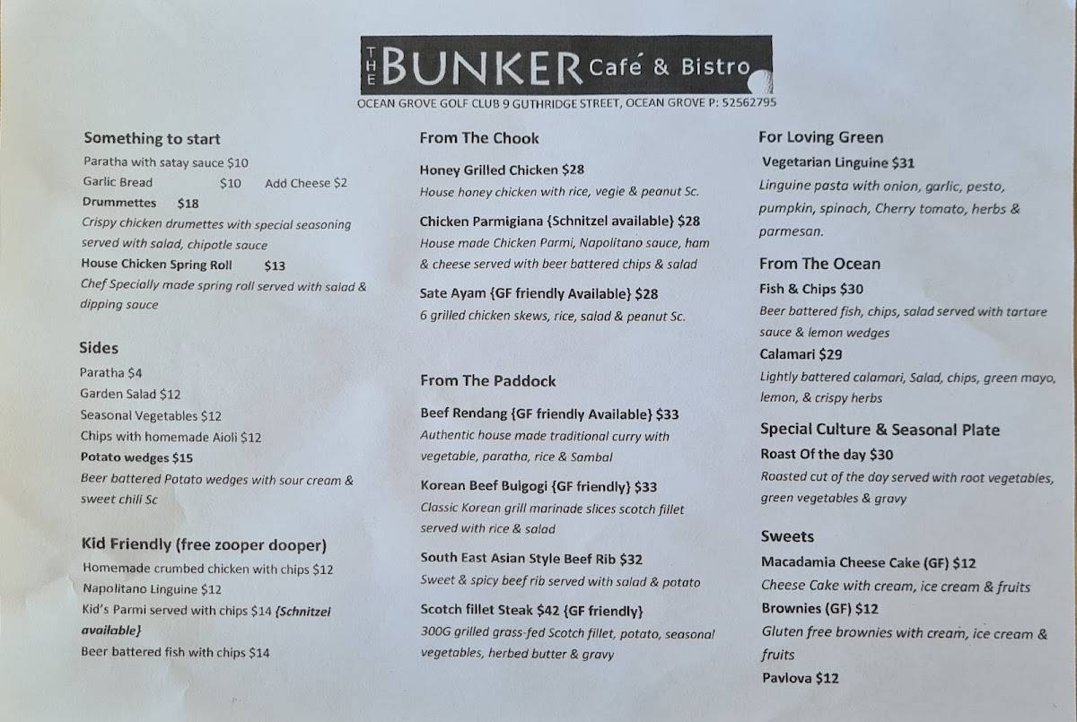 Menu at Bunker Cafe & Bistro, Ocean Grove