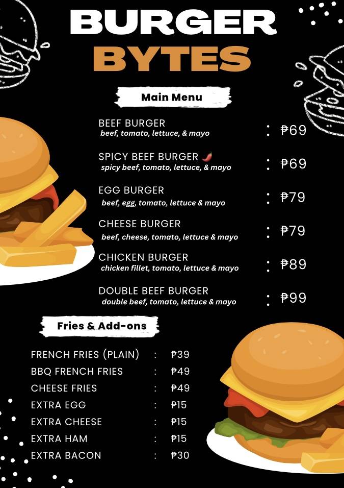 Menu at Burger Bytes restaurant, Cebu City