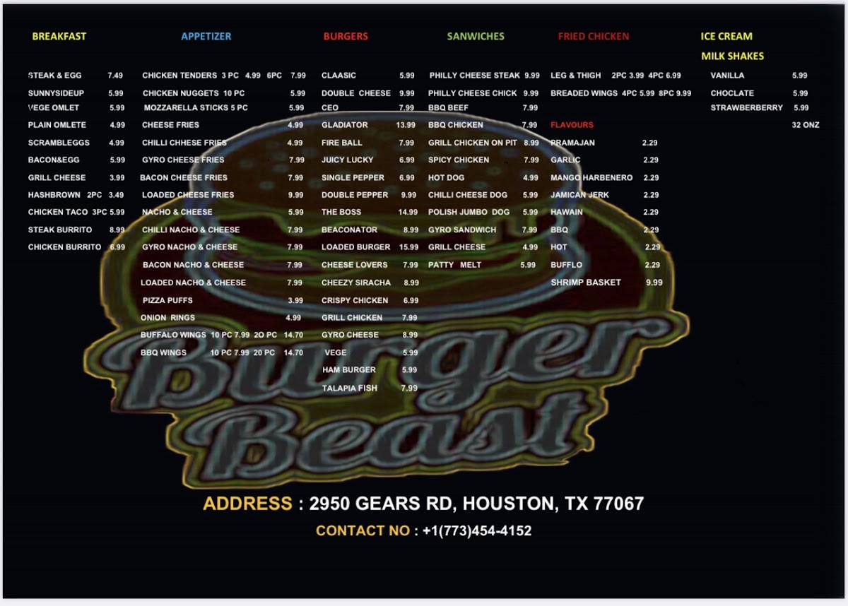 Menu at Burger beast restaurant, Houston