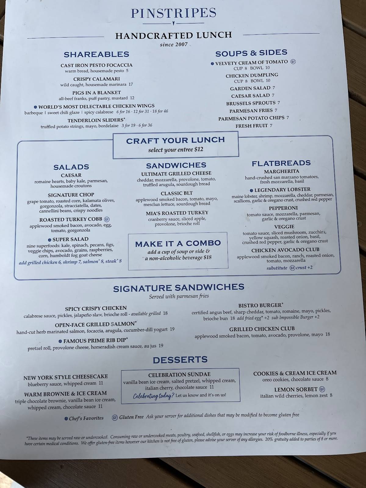 Menu at Pinstripes restaurant, Edina