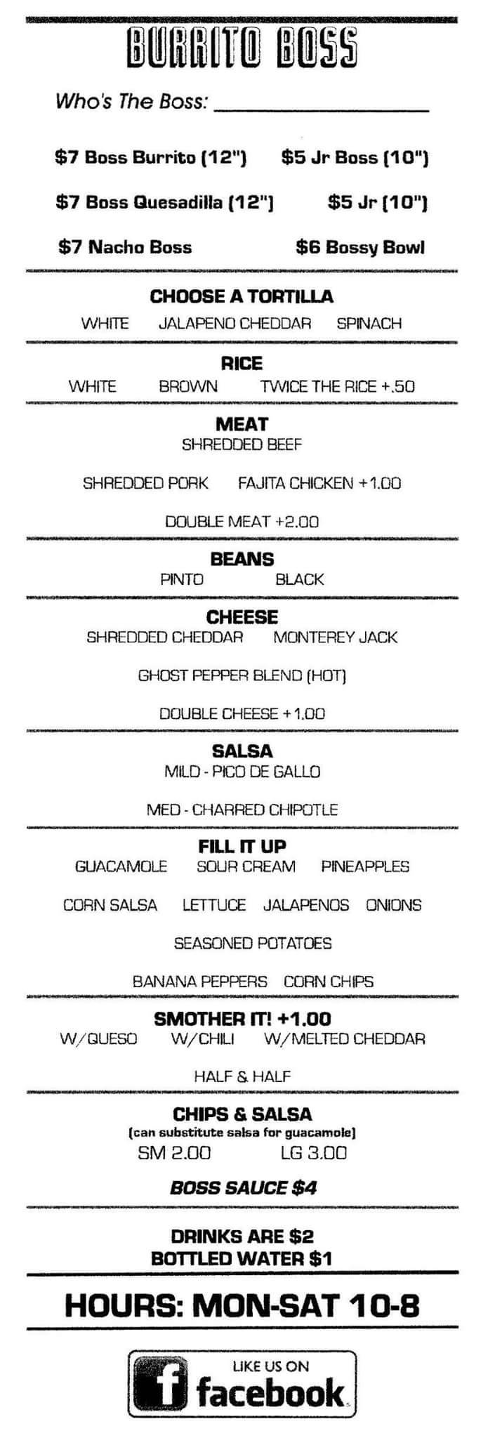 Menu at Burrito Boss restaurant, Paris, Clarksville St