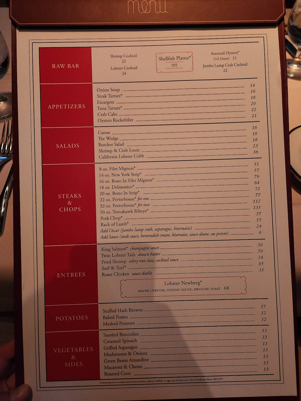 Menu at Butcher and Singer steakhouse, Philadelphia