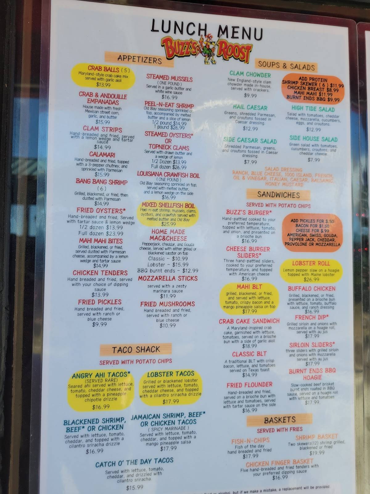 Menu at Buzz's Crab Shack & Seafood pub & bar, Carolina Beach