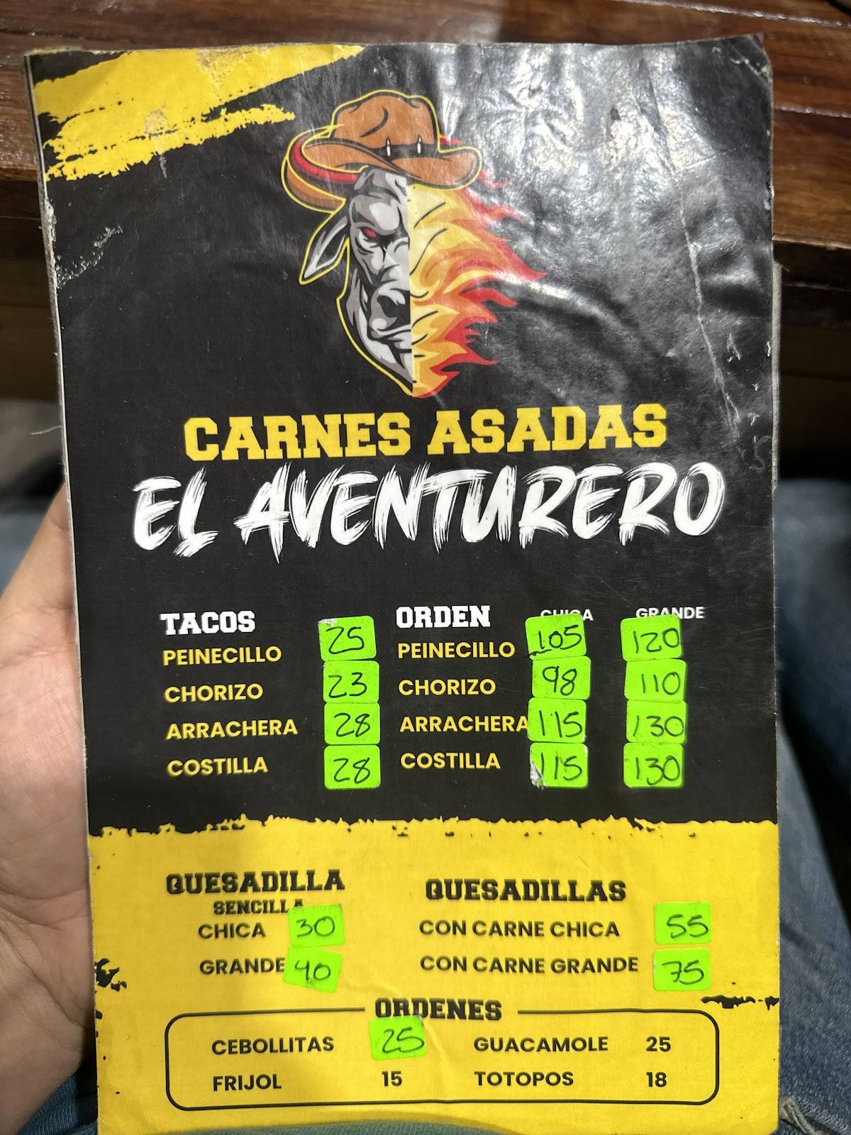 Menu at CARNES ASADAS EL AVENTURERO restaurant, Guadalajara
