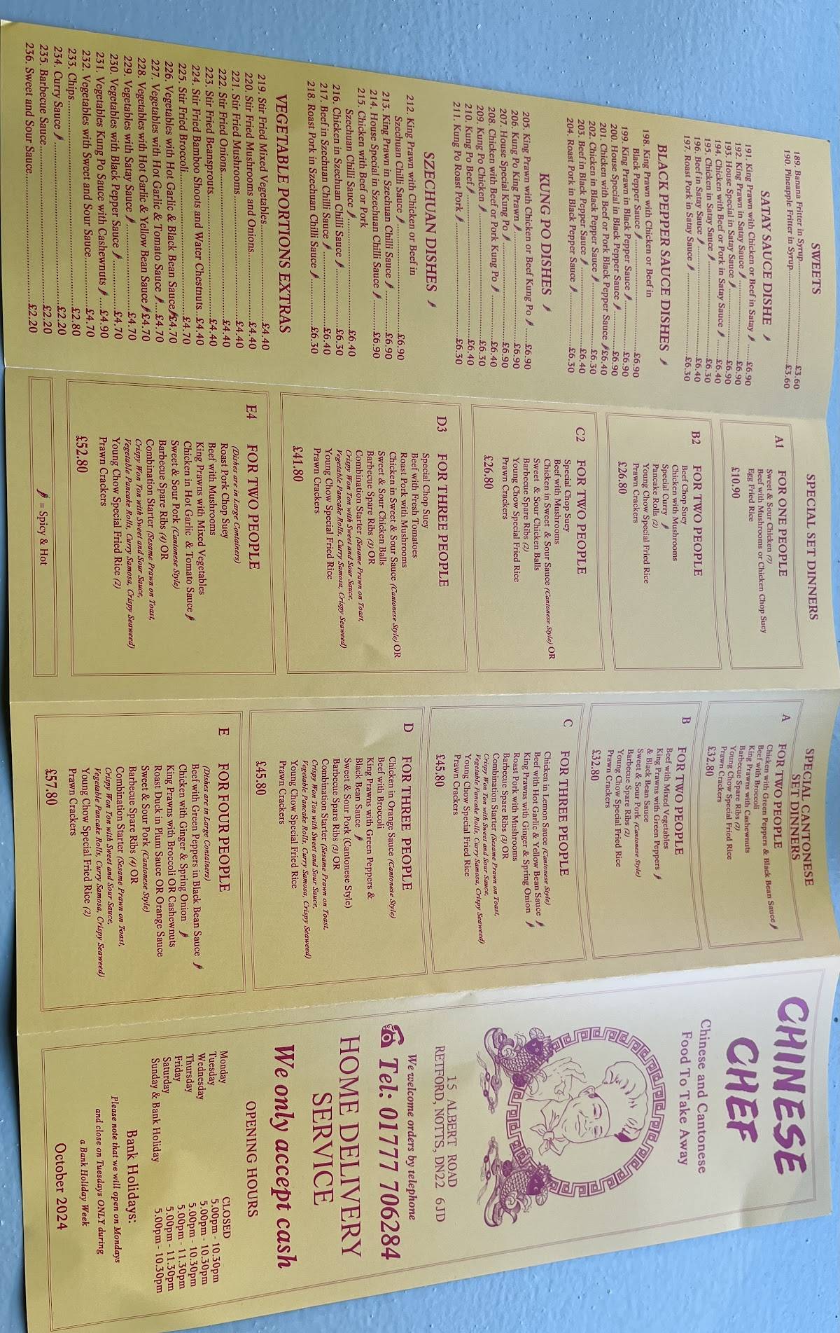 Menu at CHINESE CHEF restaurant, Retford