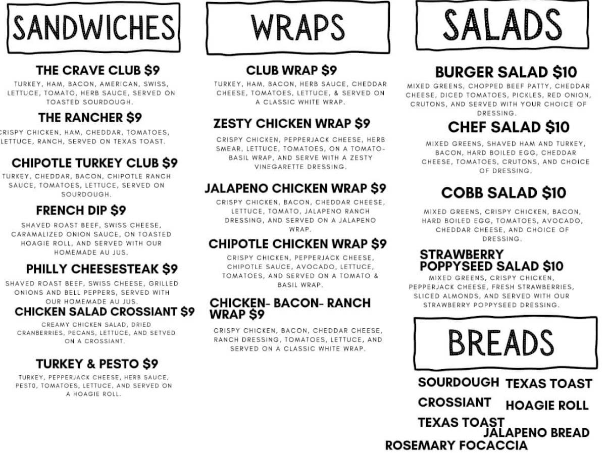 Menu at CRAVE restaurant, Borger